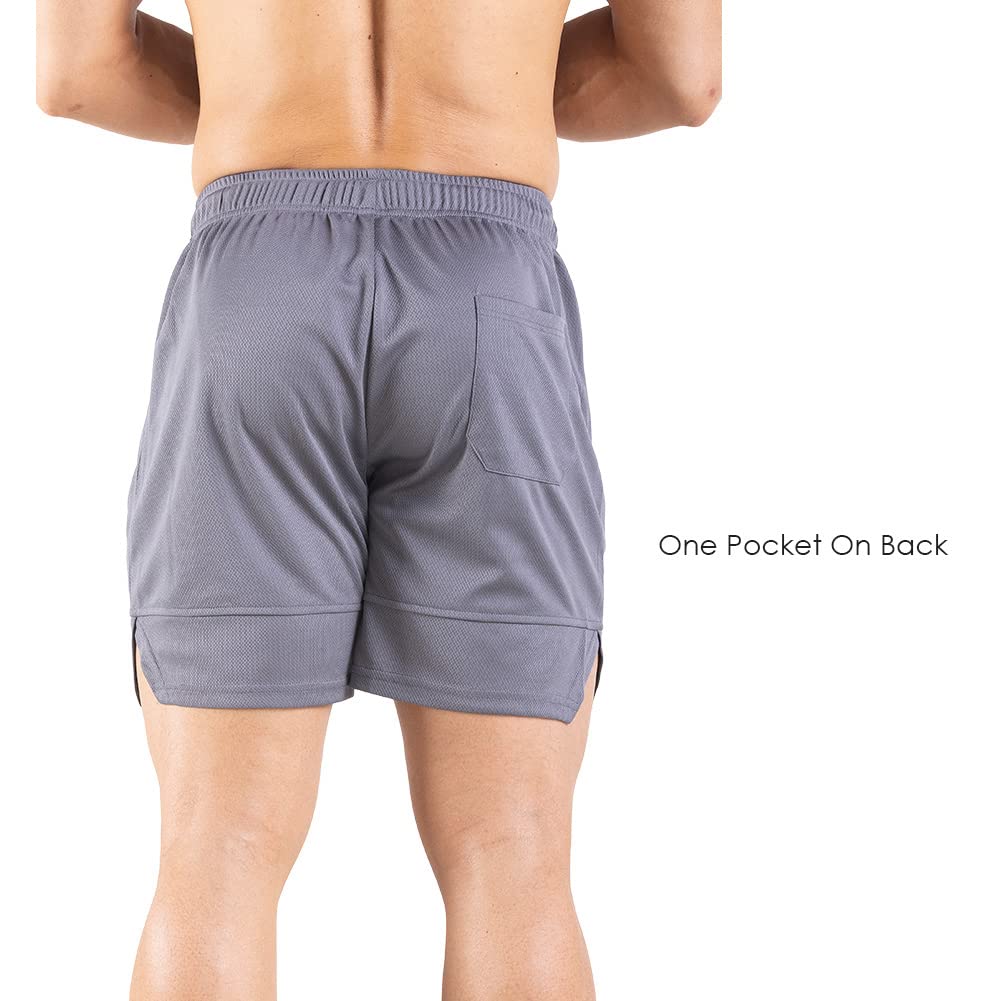 VPOS Men's 5" Gym Workout Shorts with Zipper Pockets,Dry Fit Mens Mesh Athletic Shorts for Running Bodybuilding and Training Black/Gray,Medium