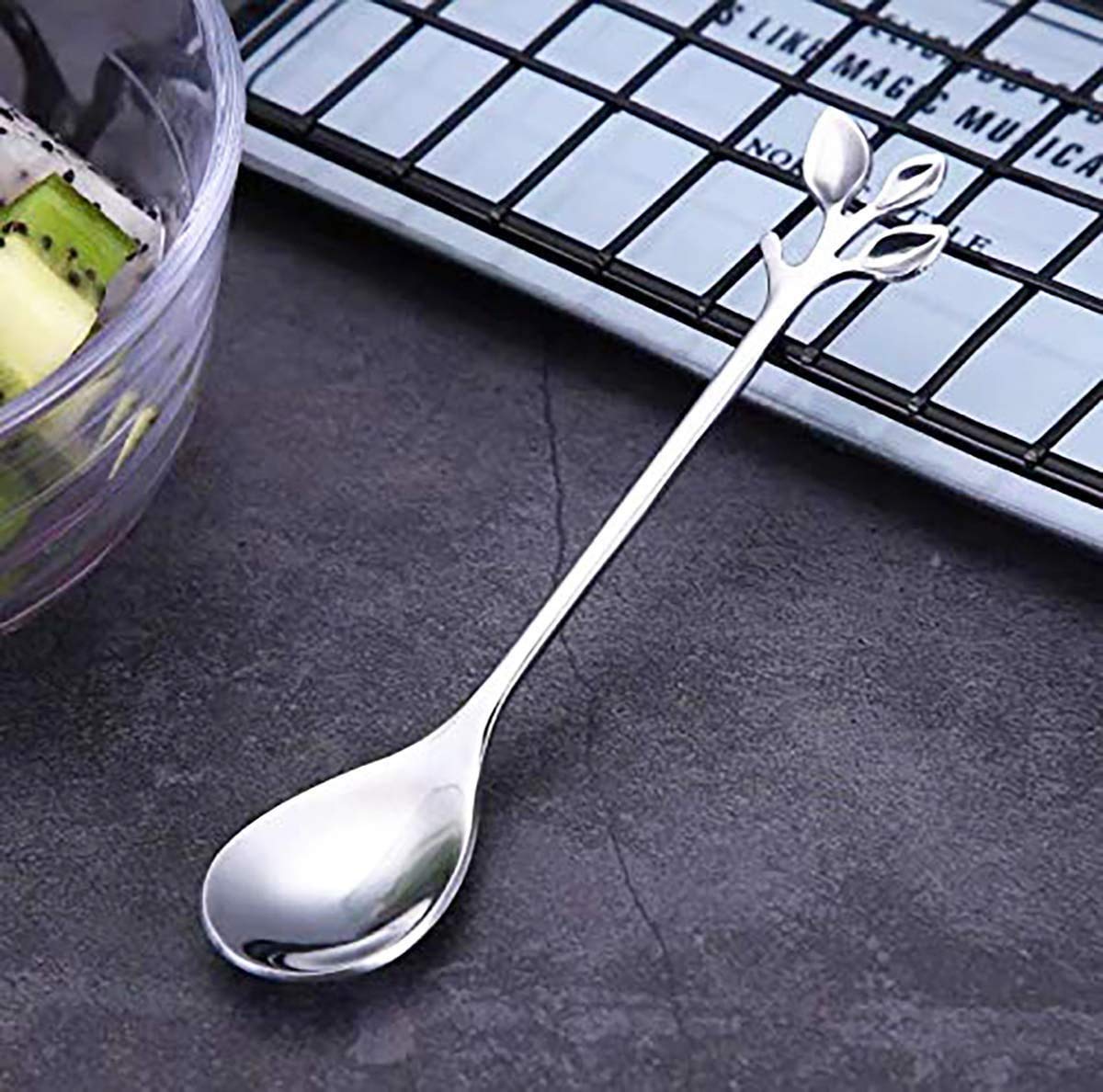 Stainless Steel Leaf Coffee Spoon, SZBAIDEKJ 10 Pcs Creative Tableware Dessert Spoons, Stirring, Mixing, Sugar, Stir, Ice Cream Teaspoon Set (Silver)