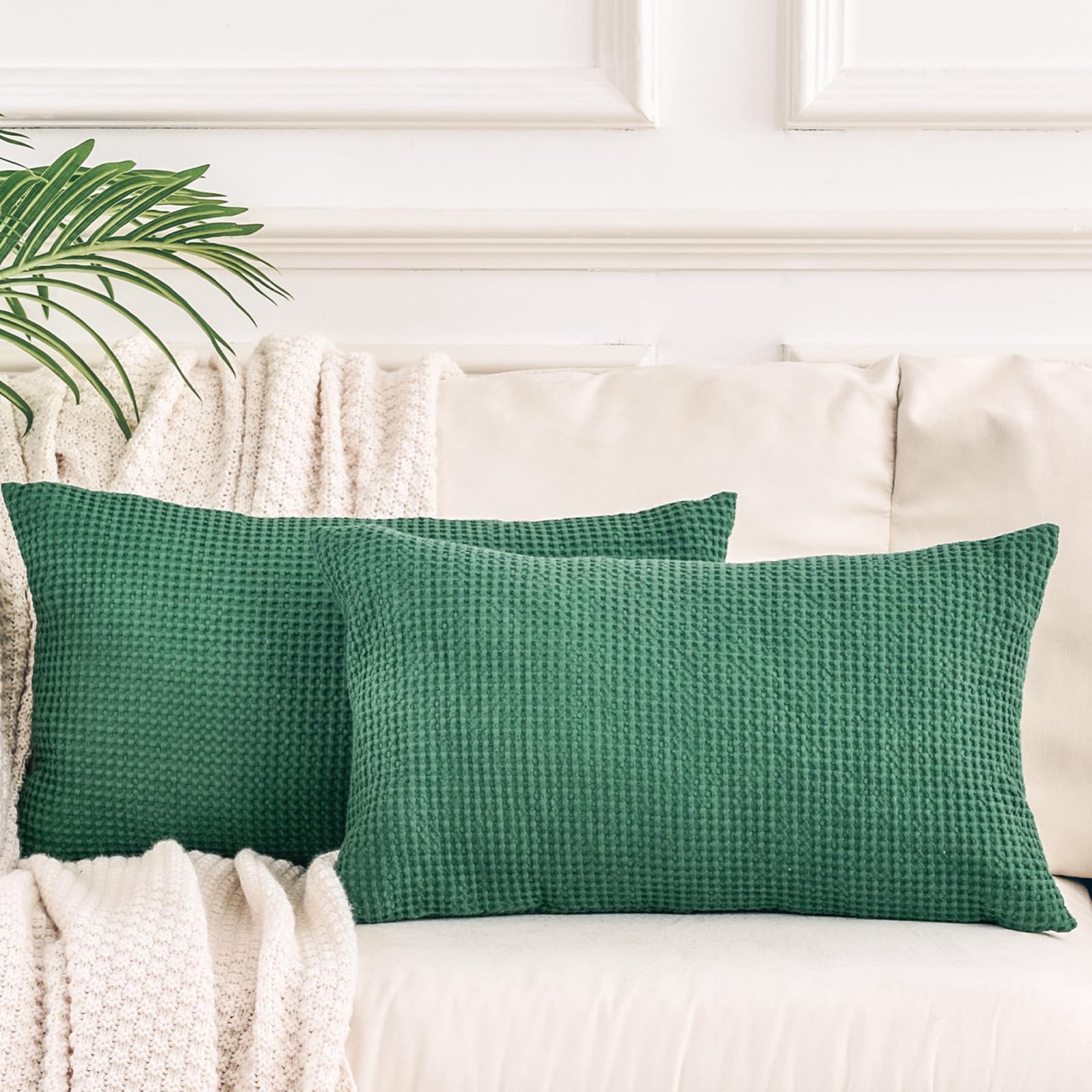 NEXHOME PRO 100% Cotton Waffle Weave Throw Pillow Covers 20x20 Inch Set of 2, Home Decorative Pillow Shams Cases 2 Pack for Bed Couch Sofa Car, No Insert, White Beige