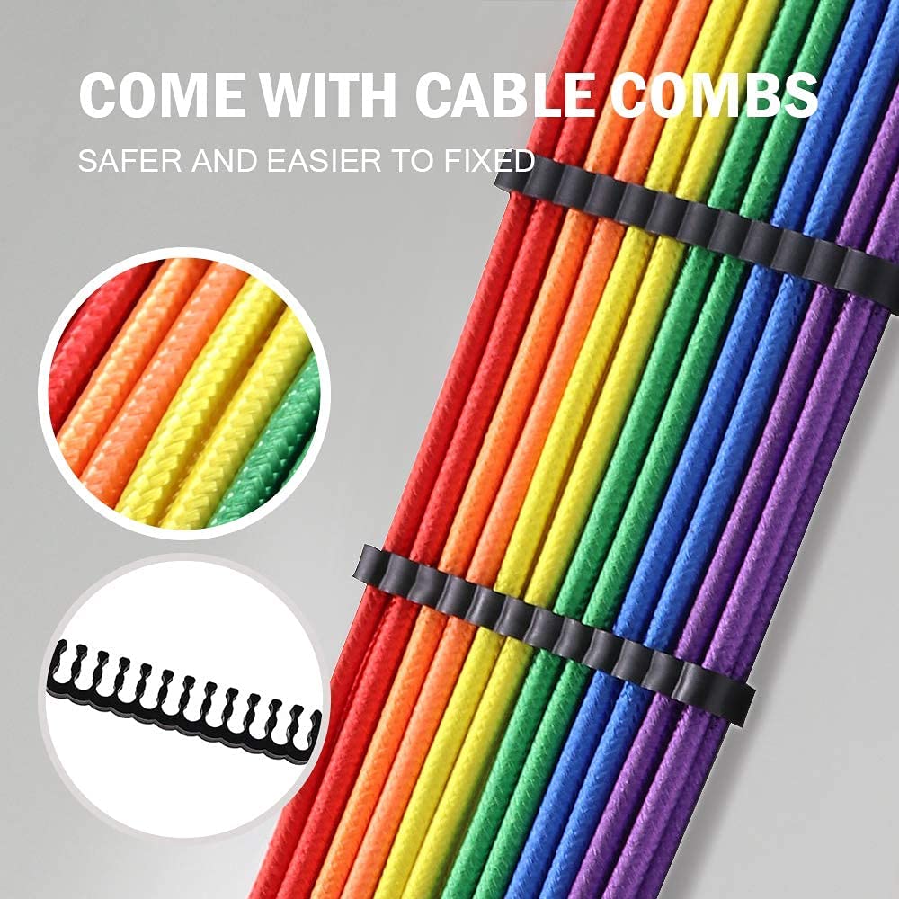 Qingsea 18AWG Power Supply Cable Kit 30cm mod Sleeve Extension Sleeved Custom mod for PSU to Motherboard PC Power Supply Cable (Rainbow)