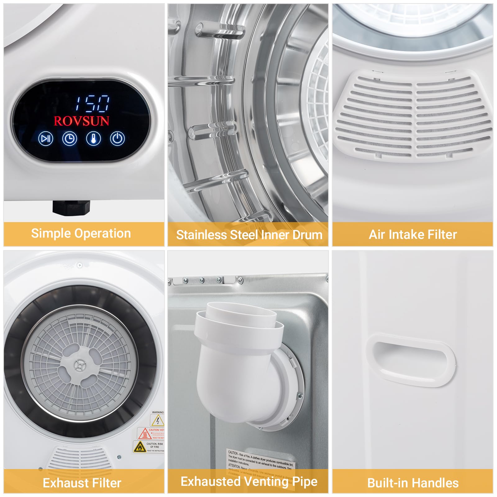 ROVSUN 110V Portable Clothes Dryer, 850W Fast Drying Front Load Laundry Tumble Dryer Machine with Stainless Steel Tub & High End LCD Touch Panel for Home Apartment Dorm