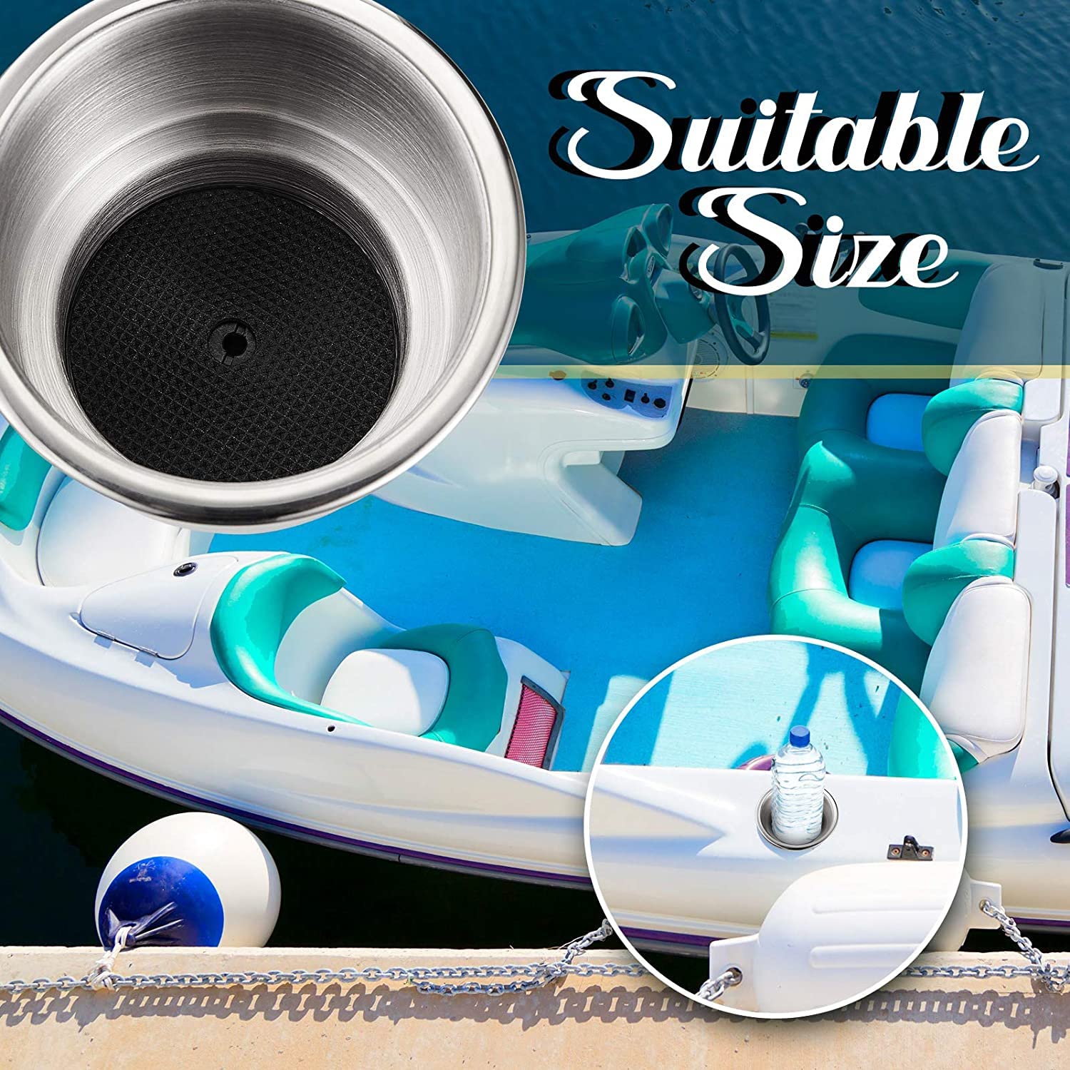 Pebbly Beach 4 PCS Boat Cup Holder, Stainless Steel Cup Holder Insert with Drain for Boat and RV