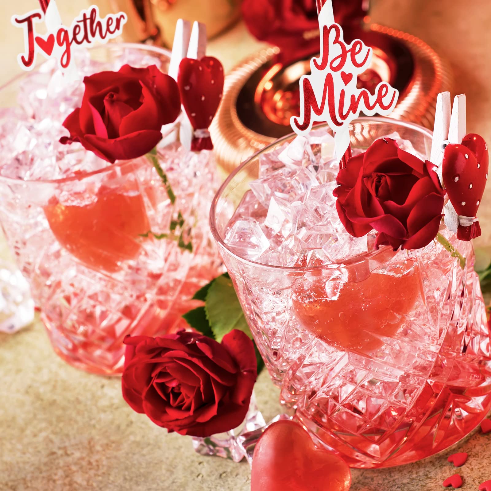 Whaline Valentine's Day Paper Straws 60Pcs Metallic Red Drinking Straws with 60Pcs Foil Red Letter Slices White Stripe Disposable Straws for Beverages Cocktail Wedding Birthday Party Supplies