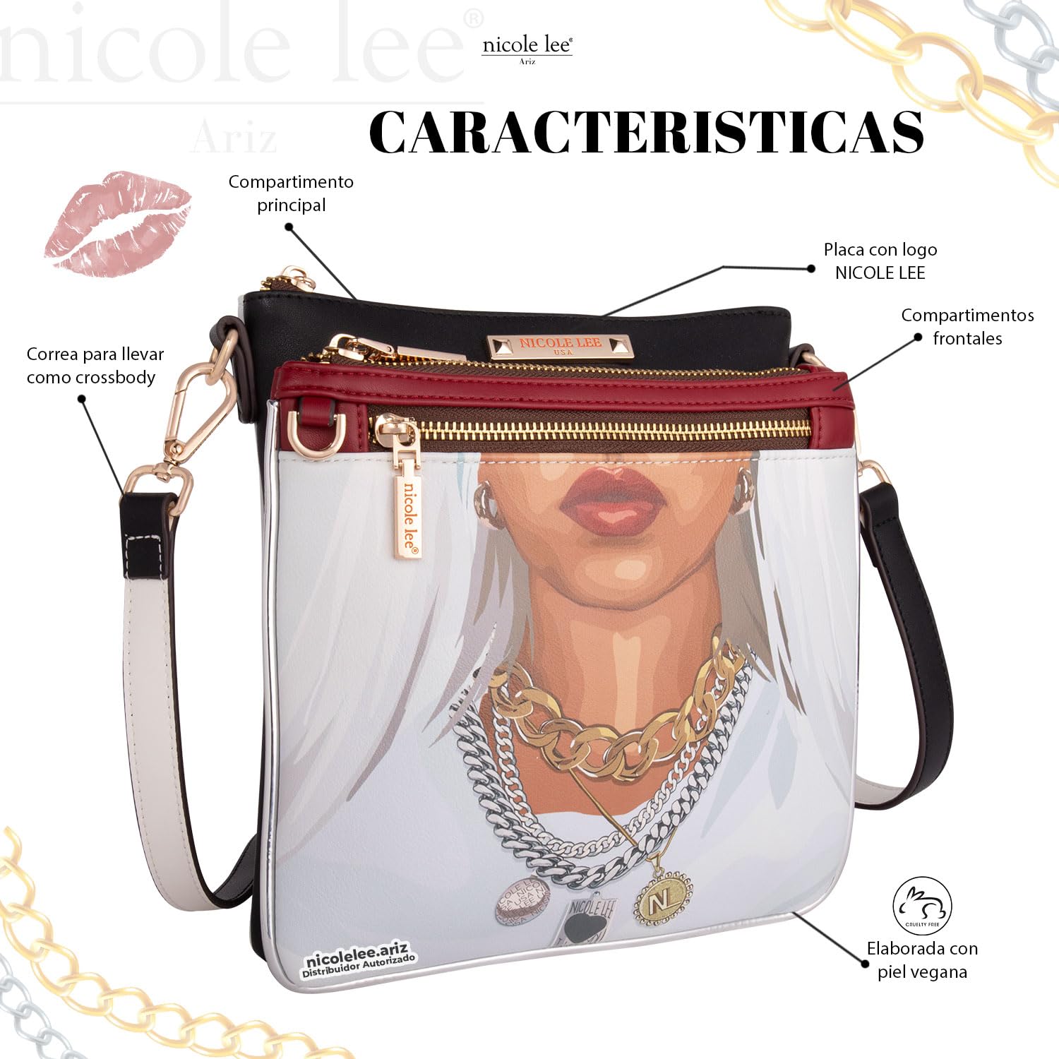 Nicole Lee Goddess of Love Crossbody, Small Vegan Leather Embellished Shoulder Bag with Multiple Compartments