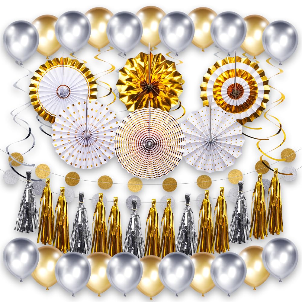 Party Decorations - Hanging Paper Fans, Balloons, Tassel Garland, Circle Paper Garland, Hanging Swirl 54 PCS (Gold and Silver).