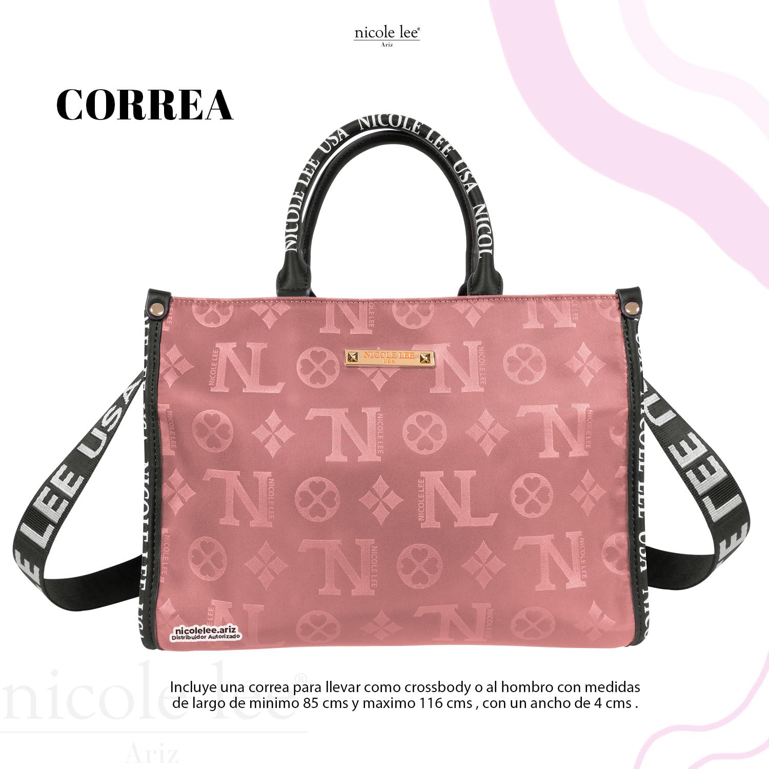 Nicole Lee Keysha Nylon Satchel with Fashion Designer Monogram Logo Print, 3 Spacious Compartments, Water-Resistant (PINK)