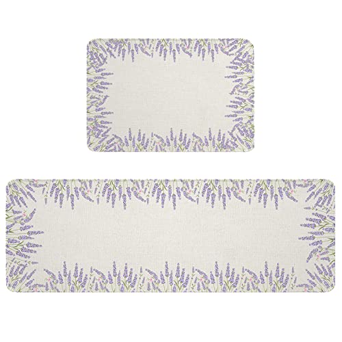 Sabolny Lavender Kitchen Runner Rug Mat, Bath Shower Bathtub Welcome Door Floor Mat, Summer Spring Country Purple Flower Washable Indoor Outdoor Throw Entry Area Rug Doormat 24x35+24x71