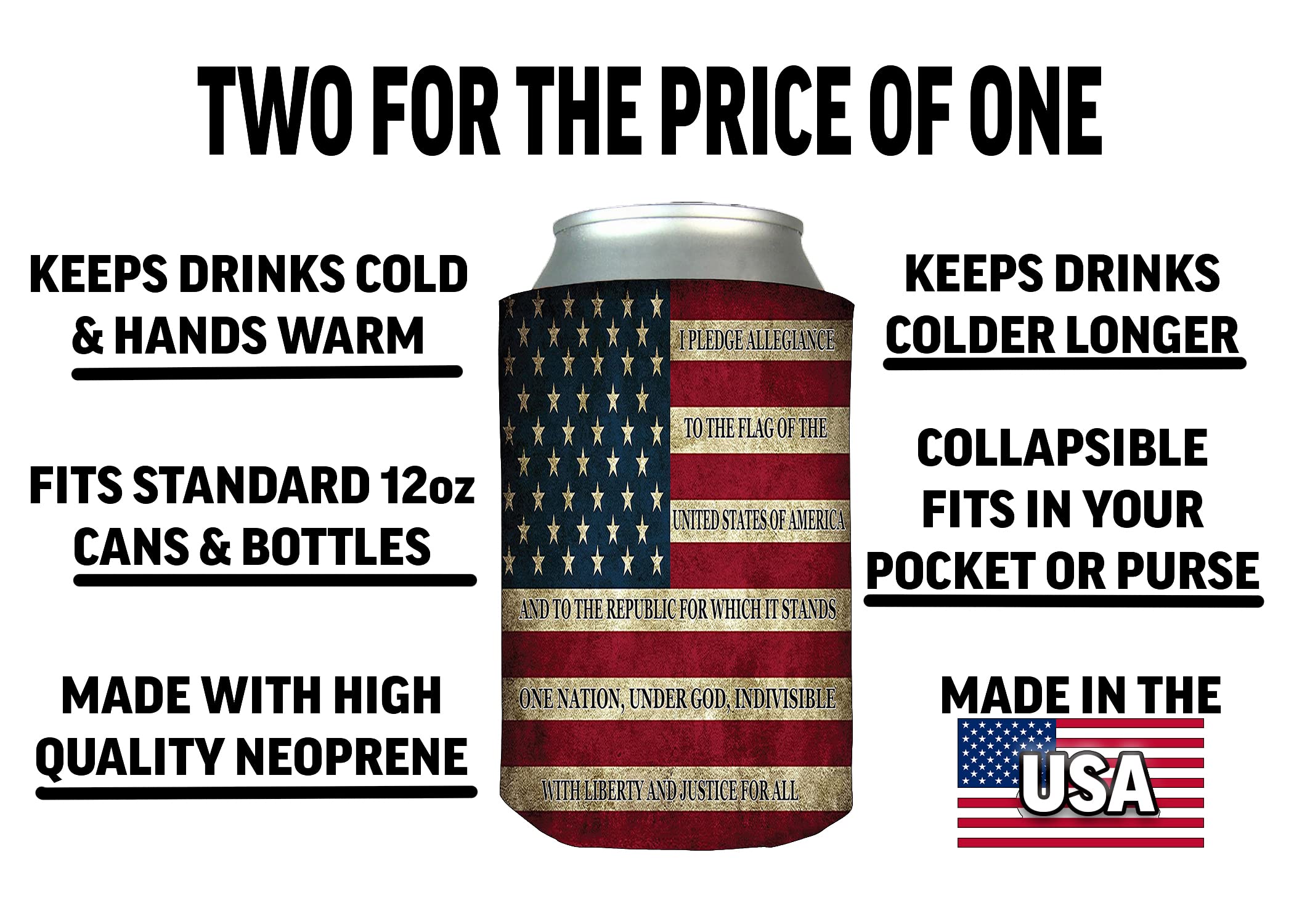 Rogue River Tactical USA Flag Pledge Of Allegiance, Rustic Flag Bundle Collapsible Beer Can Bottle Beverage Cooler Sleeves 2 Sets of 2 Packs Gift Set Combo