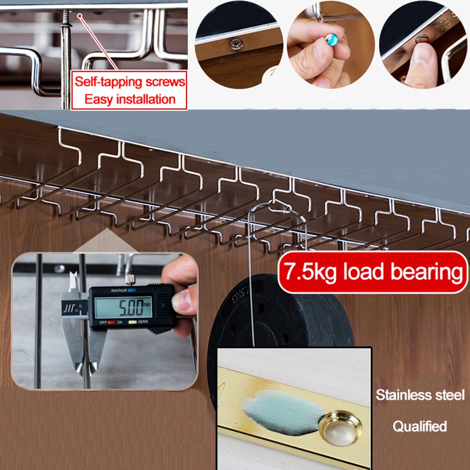 V3VOGUE Steel Under Cabinet Wine Glass Holder Rack, Stemware Holder, 3/4/5/6/7/8 Row Glasses Storage Hanger, Hanging Champagne Goblets Holders, with Screws (Row : 6Row, Size : Width: 28cm)