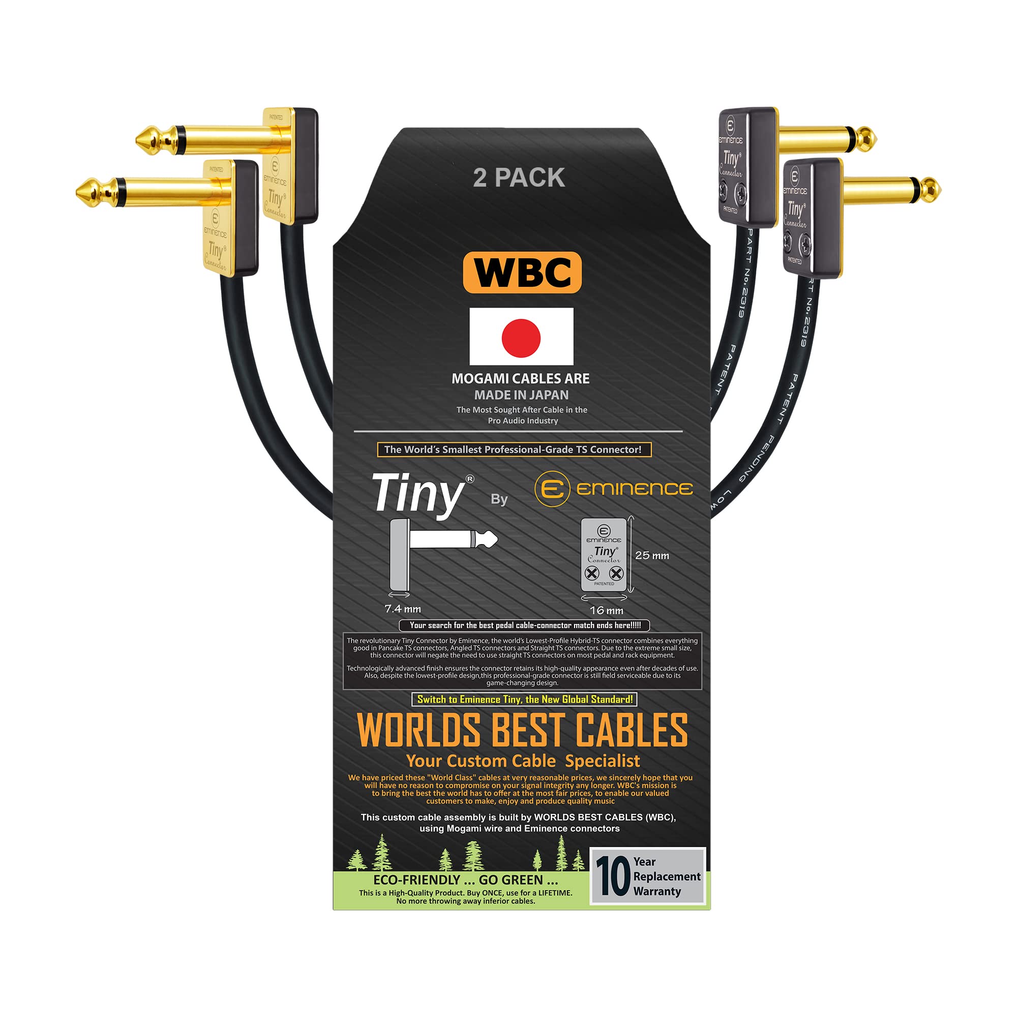 WORLDS BEST CABLES 2 Units - 6 Inch - Pedal, Effects, Patch, Instrument Cable Custom Made Using Mogami 2319 Wire & Eminence Tiny Gold-Plated Angled TS Connectors