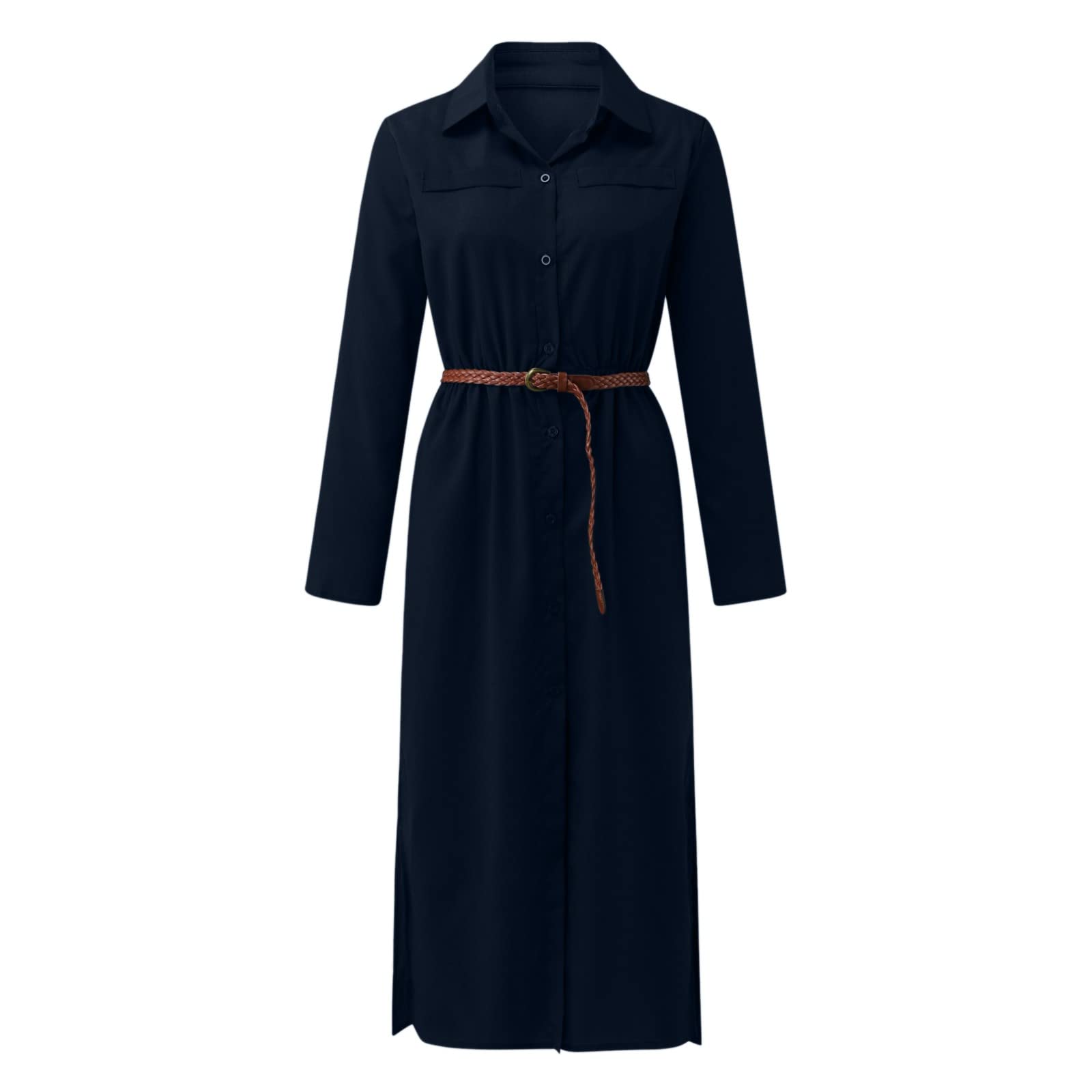 Women Split Dress Button Down Shirt Dress with Belt Solid Color Long Sleeve Lapel Collar Loose Dress