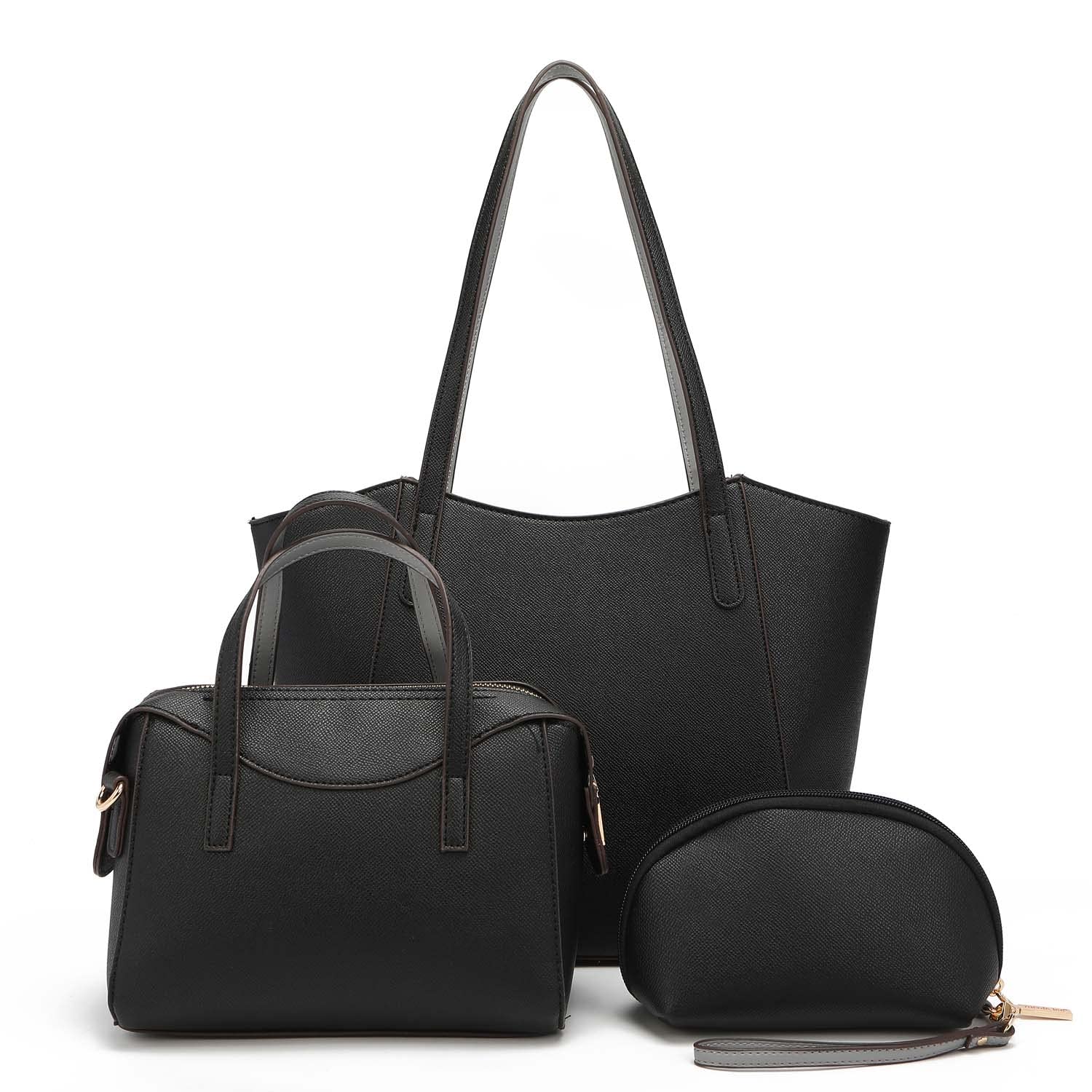 Nicole Lee Mia 3 Piece Set (Shopper, Mini Satchel, Pouch) (BLACK)