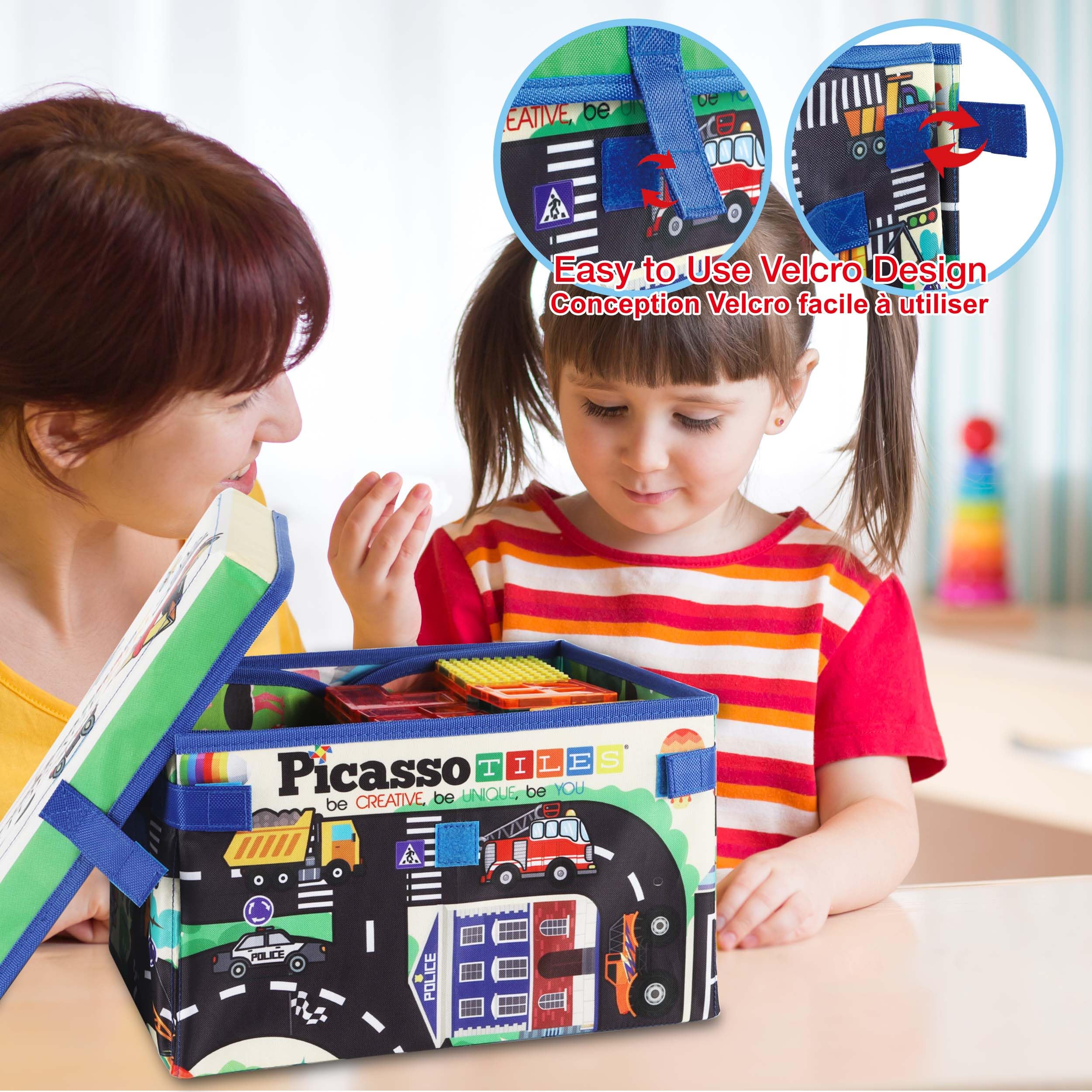 PicassoTiles 2PK Storage Bin Toy Box & Playmat with Foldable & Collapsible Reversible Car and Animal Theme Car Trunk Organizer Travel Portable Tote Education Learning Kit Boys Girls Ages 3 & Up PTA32