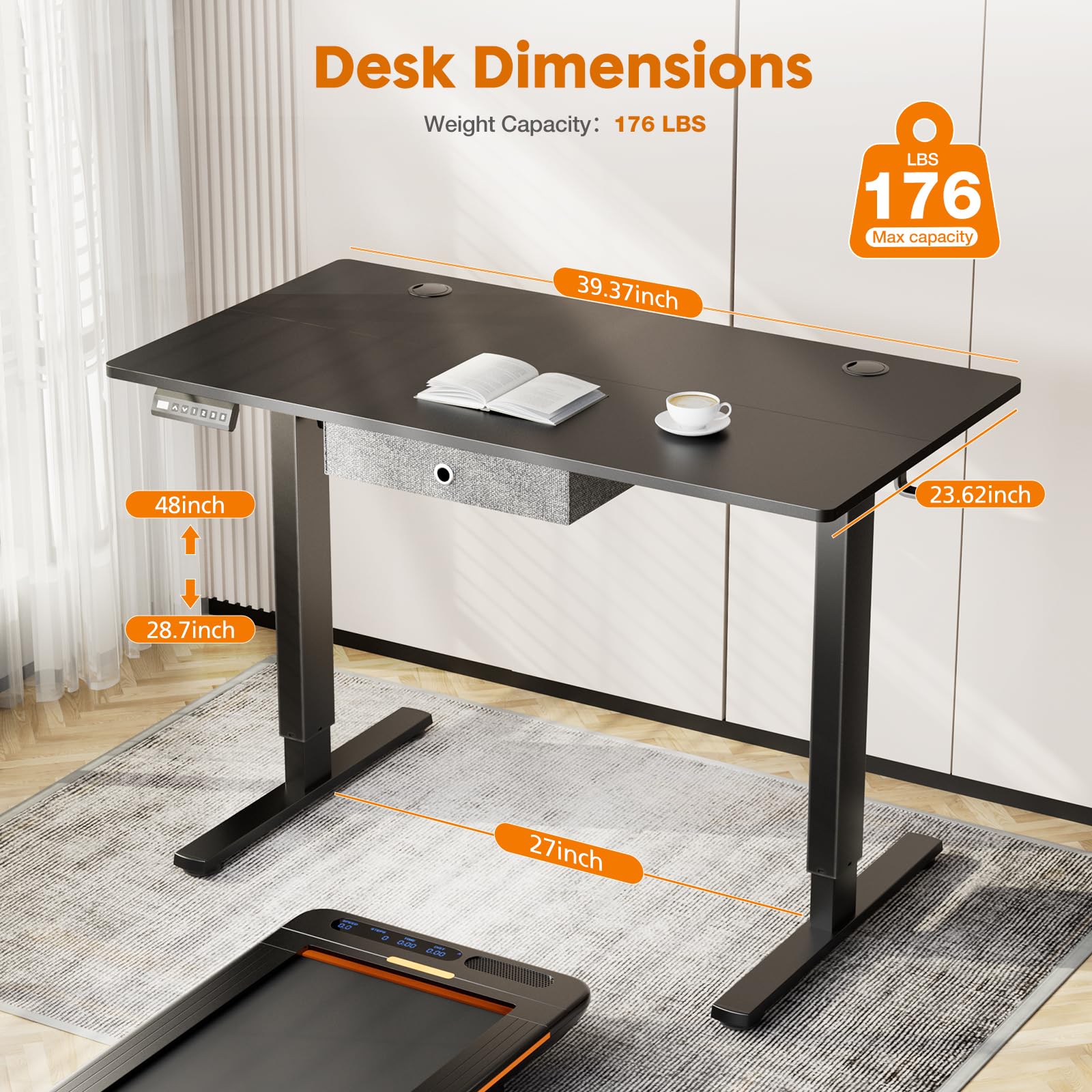 NEWBULIG Electric Height Adjustable Sit Stand Home Office Computer Desks with Drawer, 40 Inch, Black Top and Frame