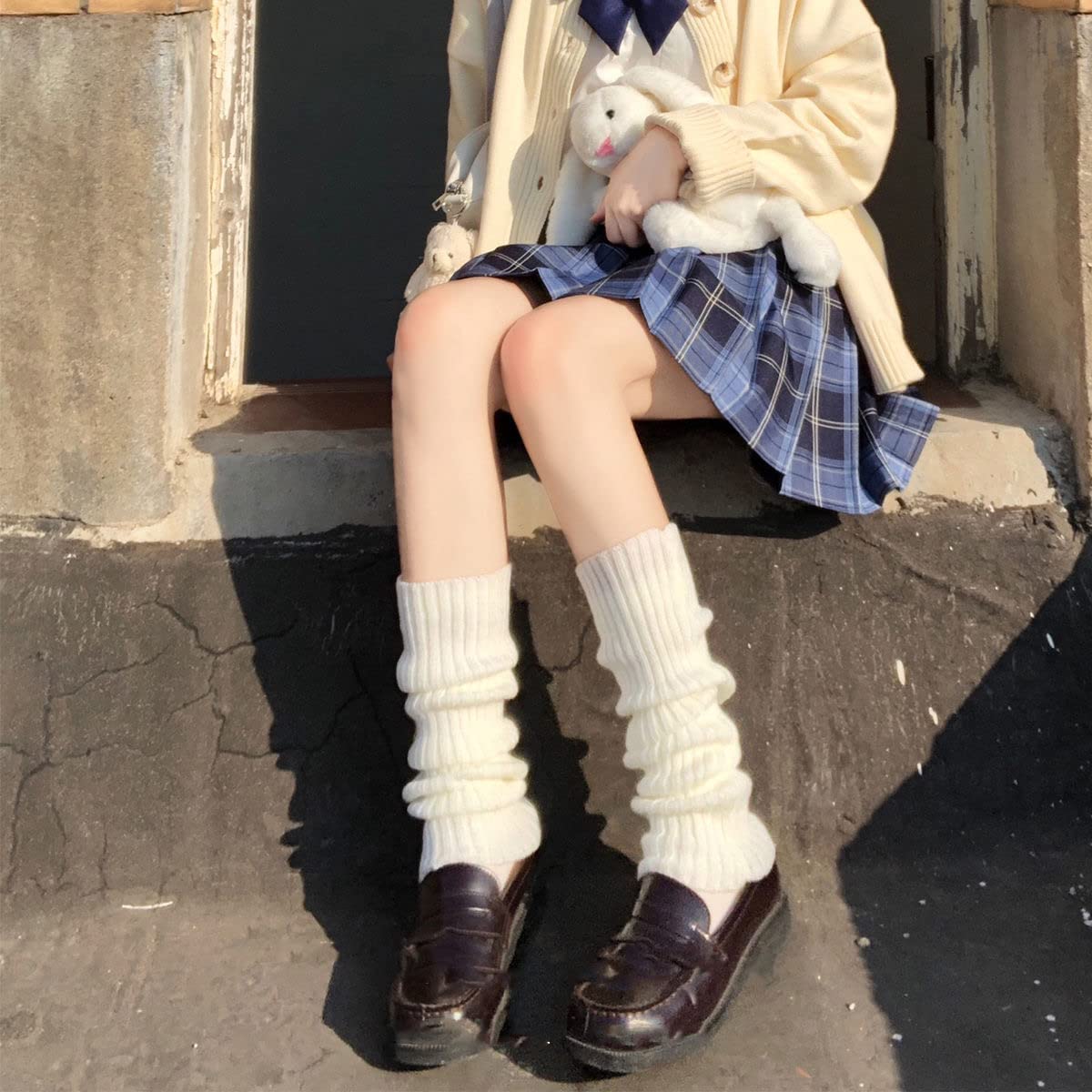 VINMEN Women's Harajuku Lolita Leg Warmers Kawaii Knit Long Ankle Socks Fall Winter Heap Sock (A White ), Free Size