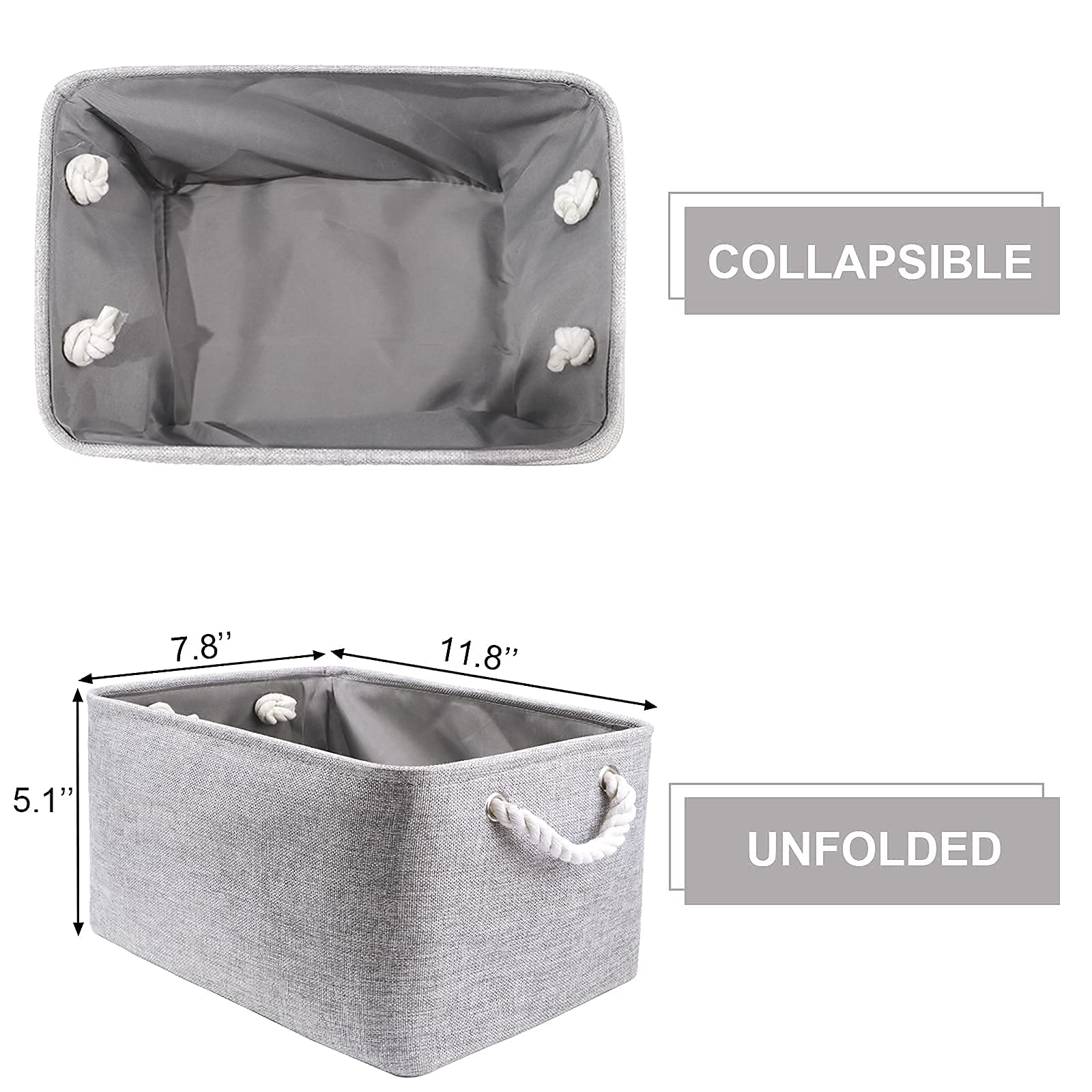 Small Baskets for Shelves(6pack) Fabric Storage Baskets, Empty Gift Baskets with Rope Handles, Decorative Foldable Storage Baskets for Organizing Home Closet & Office (Gray, 11.8β x 7.8β x 5.1β)