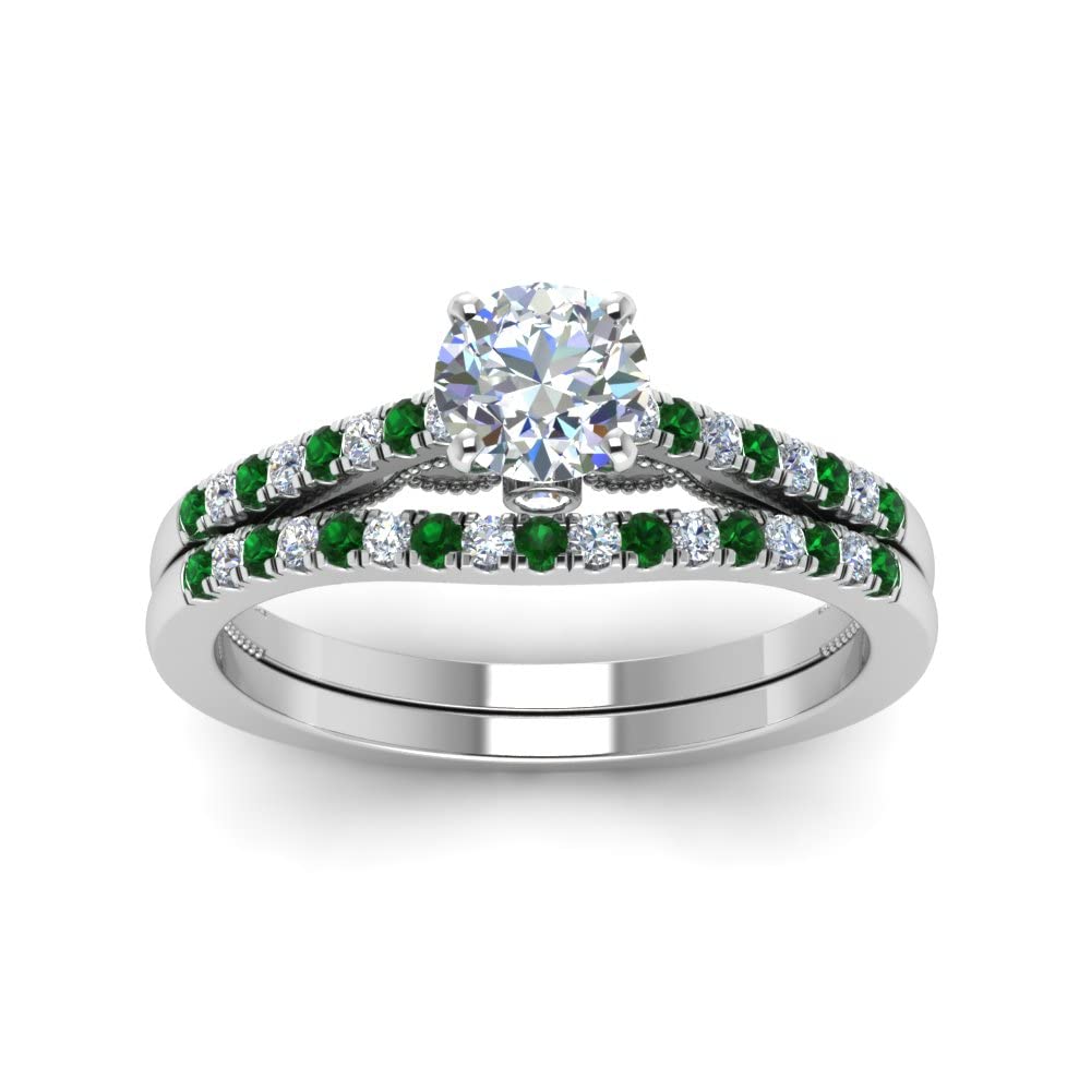 Vintage 2.8 Ct Round Cut White & Green Diamond Solitaire Milgrain Wedding Ring Set in 925 Sterling Silver White Gold Finish (Silver, 6.5)