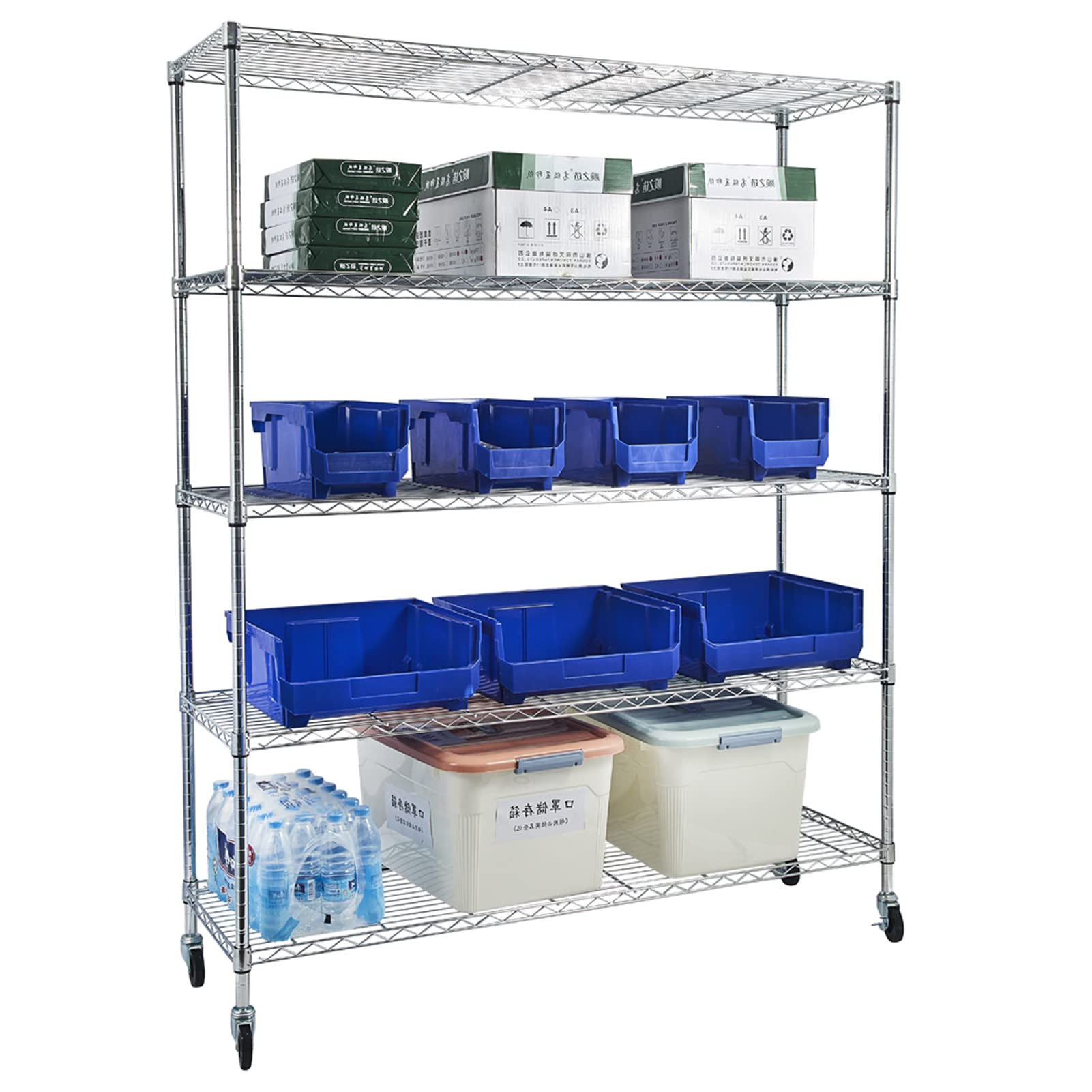 Ymlpre Commercial 5 Tier Steel Wire Shelving Unit with Wheels Ultradurable Heavy Duty Metal Storage Rack Organizer for Garage, Warehouse, Office, Restaurant, Classroom, Kitchen, 5-Tier with Wheels