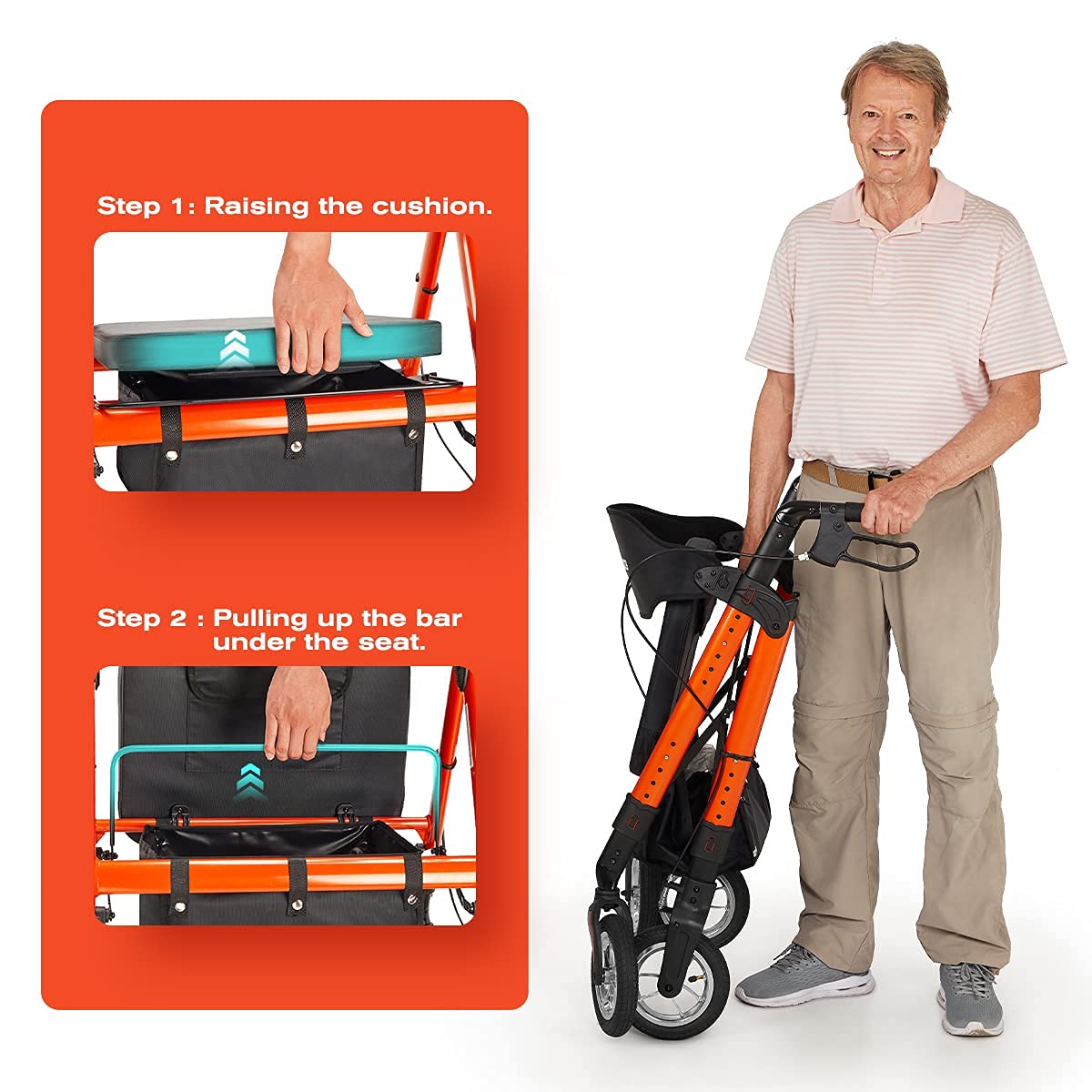 OasisSpace Pneumatic Tires Rollator Walker for Seniors - Heavy Duty Rollator Walker with Seat & Large Padded Backrest, All Terrain Rolling Walker 450lbs Height Adjustable
