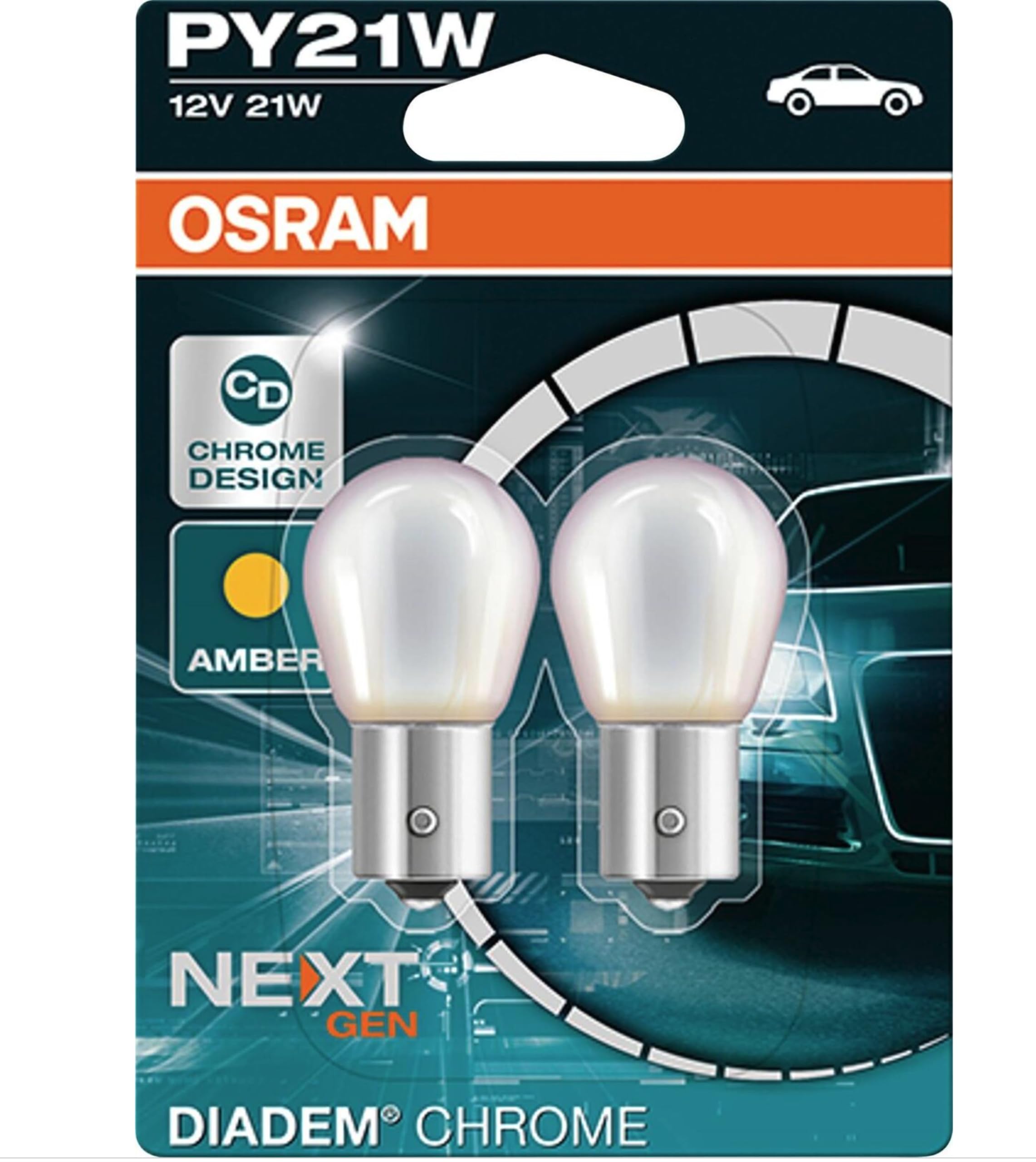 OSRAM DIADEM CHROME PY21W halogen, signallamp, turn signal light, 7507DC-02B, 12V, double blister 2 pieces