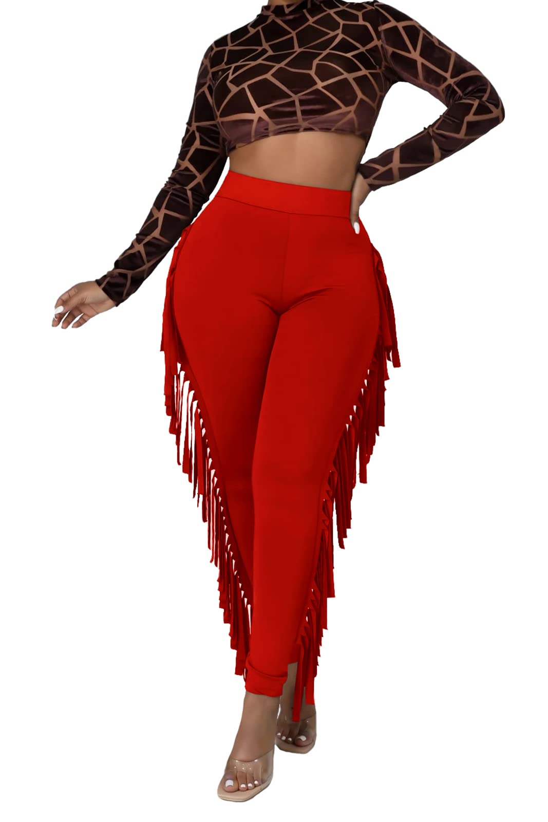 Women's Fringe Pants Casual High Waist Solid Bodycon Side Tassel Pants Yoga Pants Sweatpants Bandage Pants Red Large