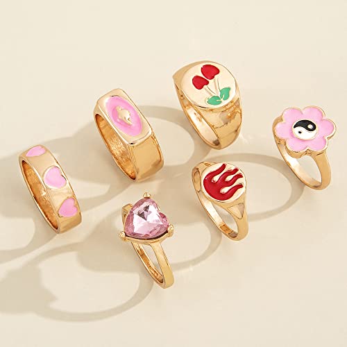 YOOESTORES82 Cute Gold Knuckle Ring Set Heart Yin Yang Stackable Rings Rhinestone Flower Multiple Flame Midi Finger Ring Sets for Women Girls (A)