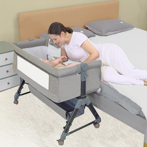 NEPDOF Baby Bassinet Bedside Sleeper Bedside Easy Folding Portable Bassinet 3 in 1 Baby Bed with Adjustable Height,Breathable Net,Large Storage Basket and Mosquito net
