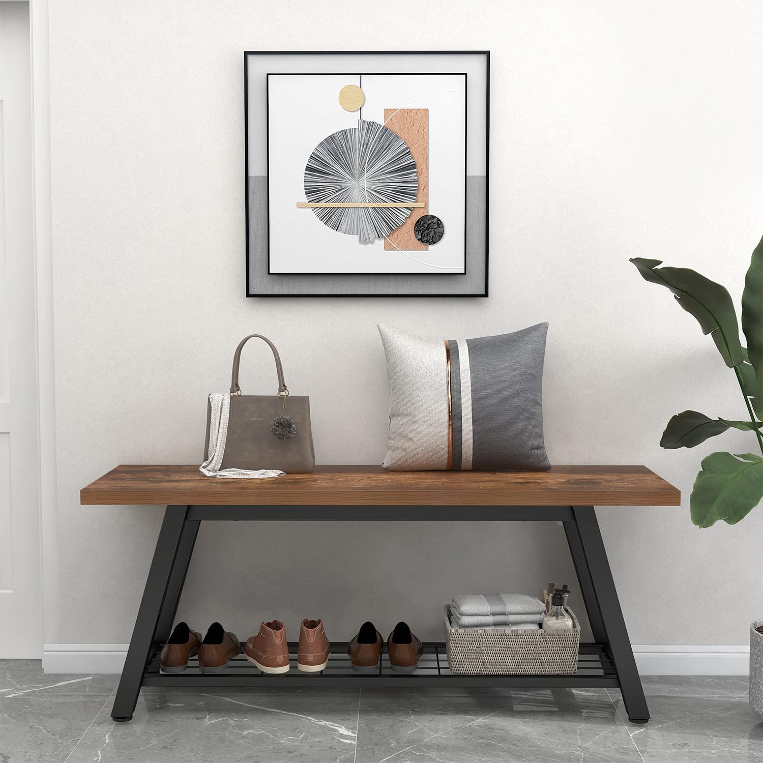 Oastreeful Storage Bench Industrial Rustic Wooden and Metal Entryway Shoe Boots Storage Rack Long Bench Seat for Hallway Bedroom Retro Brown Farmhouse Style