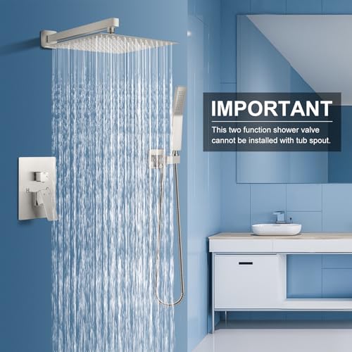 NERDON Shower System, 12 Inch Brushed Nickel Luxury Rain Shower Head with Handheld Combo Set, Wall Mounted High Pressure Dual Shower Head System, Bathroom Shower Faucet set with Valve Body and Trim