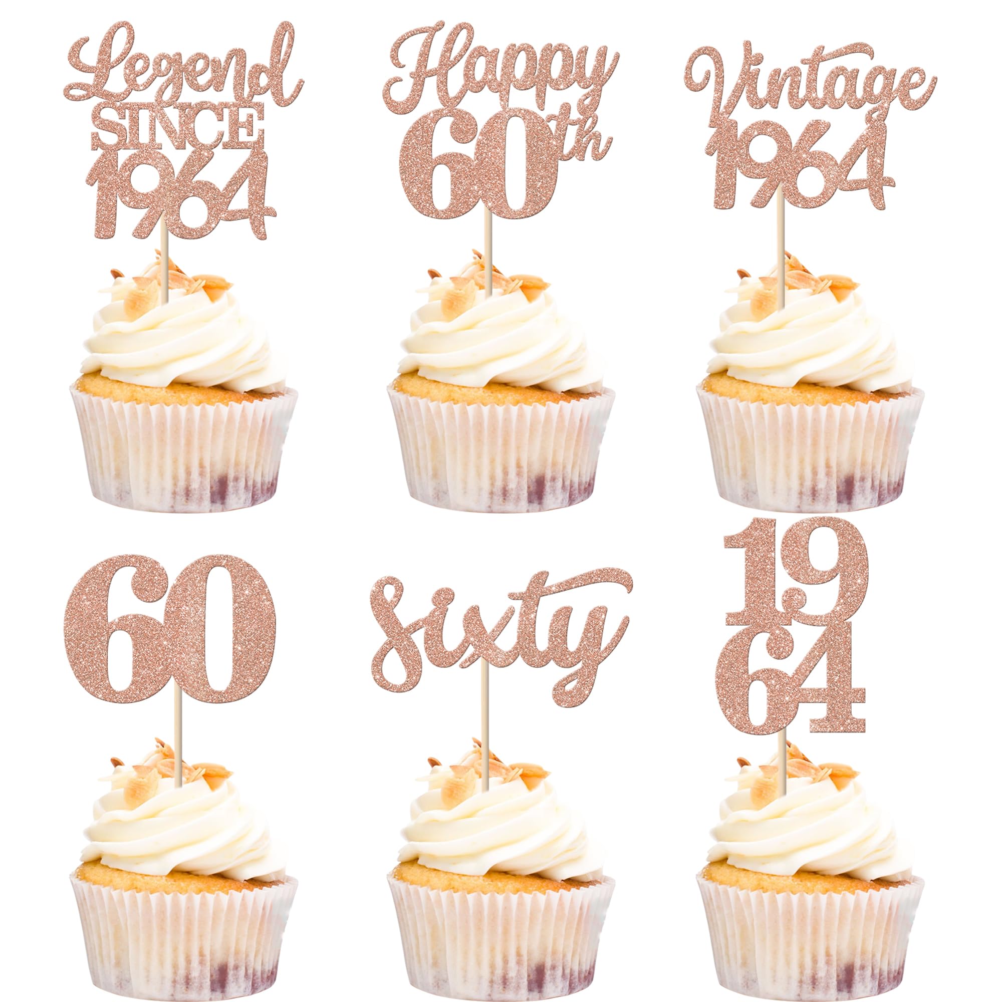 Rsstarxi 48 Pack Vintage 1964 Cupcake Toppers Legend Since 1964 Sixty Cupcake Picks Happy 60th Number 60 Cupcake Topper for 60th Birthday Wedding Anniversary Party Cake Decorations Rose Gold