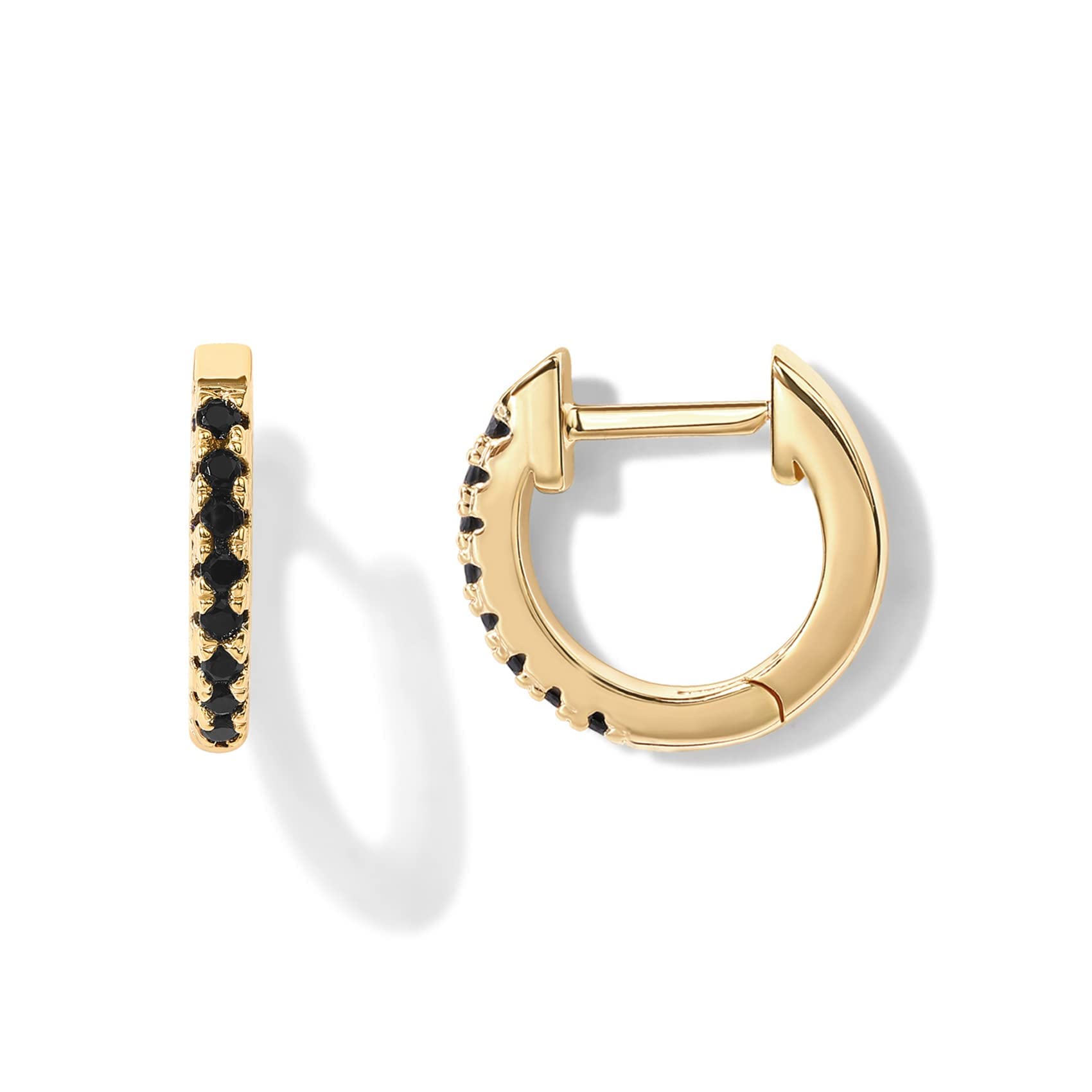 PAVOI 14K Gold Plated Sterling Silver Post Huggies | Cubic Zirconia Huggie Earrings for Women | Black Stones, Yellow Gold