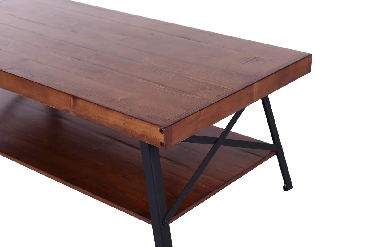 Phoenix Home CT181101 Emerald Home Chandler Rustic Industrial Solid Wood and Steel Coffee Table with Open Shelf, Brown