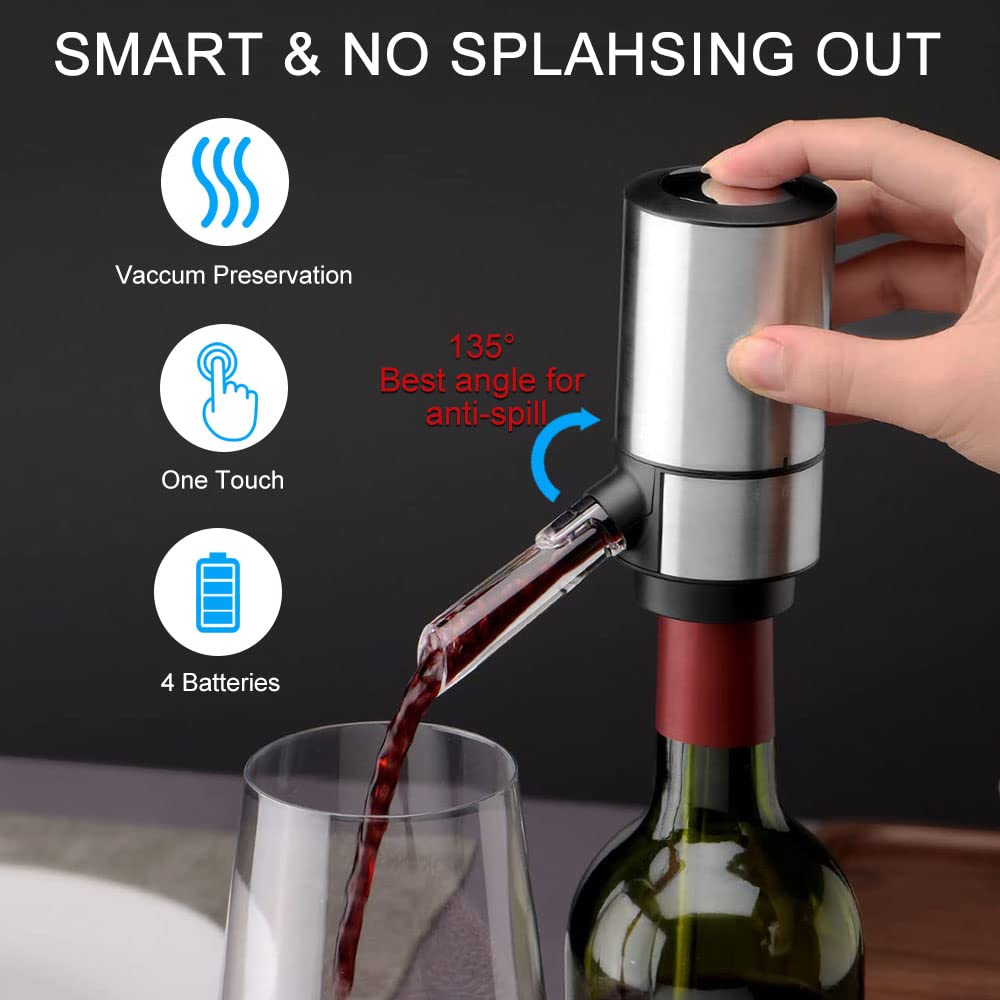 Wine Aerator Electric Wine Aerator and Decanter,One Touch Smart Wine Decanter with Storage Base and Retractable Tube,Ideal Gift for Wine Lovers(Stainless Steel - Battery Operated)