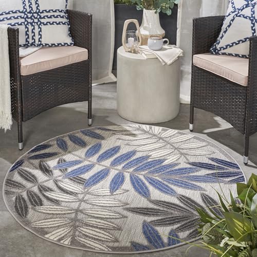 Nourison Aloha Indoor/Outdoor Grey/Blue 5'3" x Round Area Rug, Easy Cleaning, Non Shedding, Bed Room, Living Room, Dining Room, Backyard, Deck, Patio (5 Round)