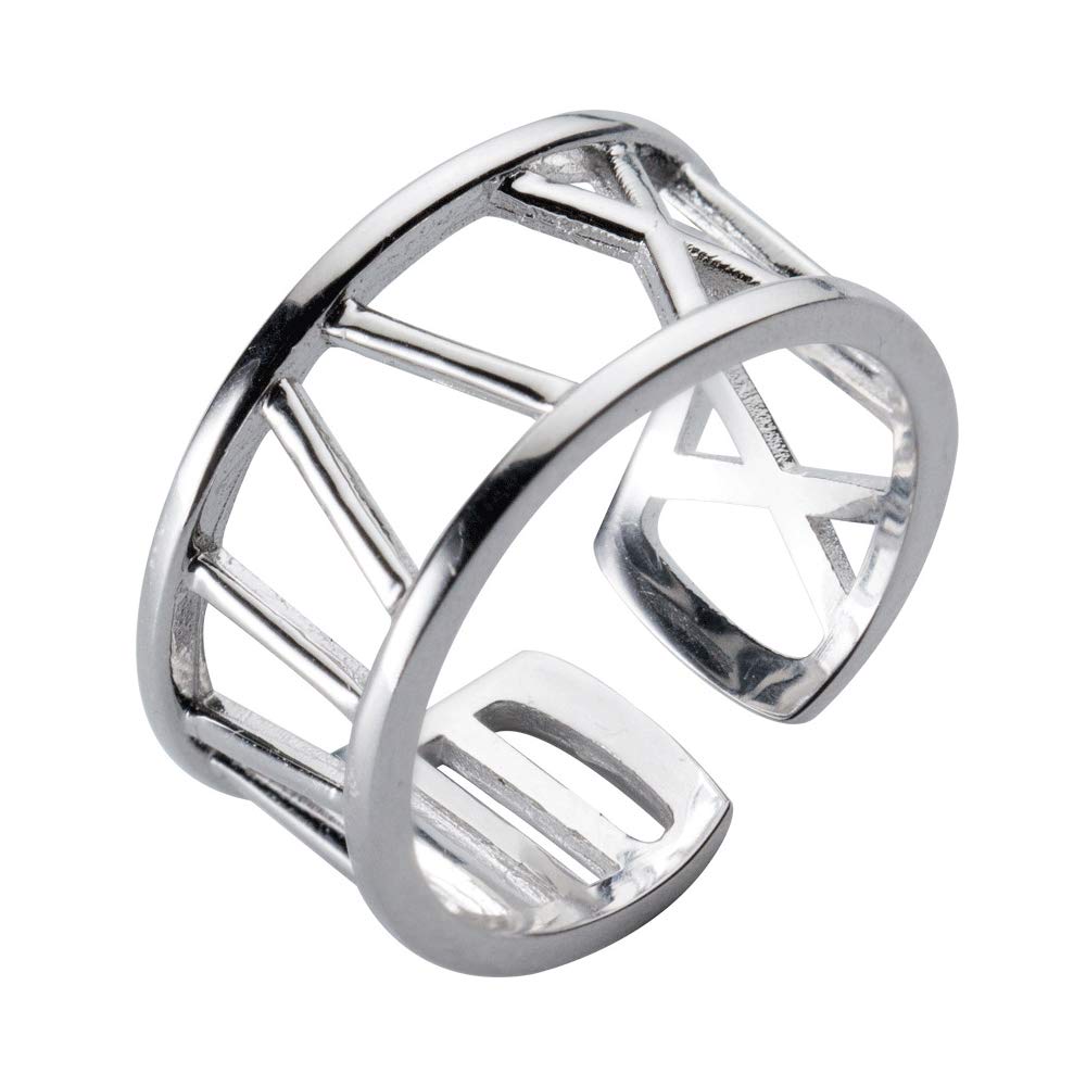Roman Numerals Band Ring 925 Sterling Silver Adjustable Minimalist Open Finger Wedding Rings for Women Girls Men