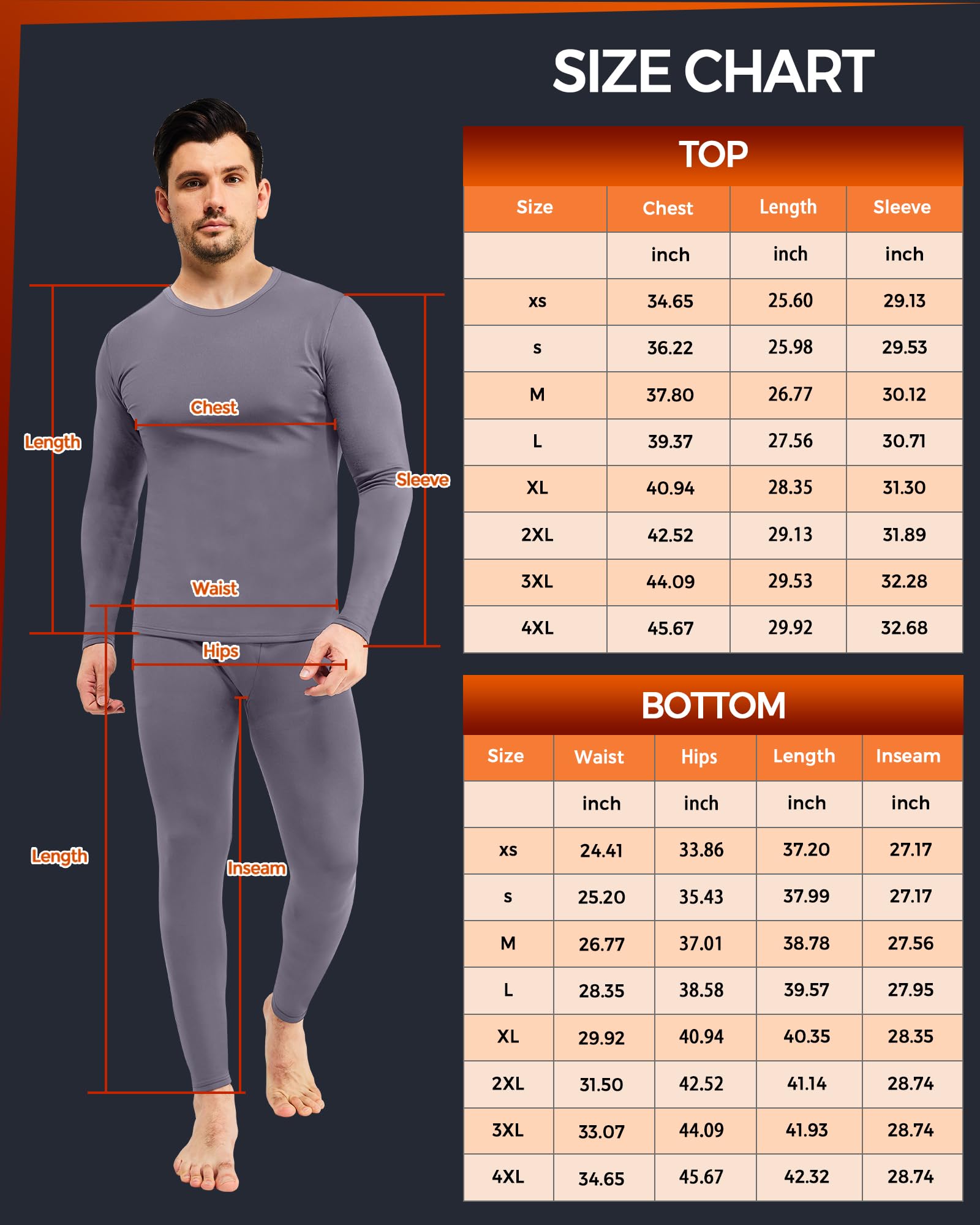 Thermal Underwear for Men, 2 Pack Long Johns Winter Long Underwear Sport Skiing Fleece Lined Base Layer Top and Bottom Set L