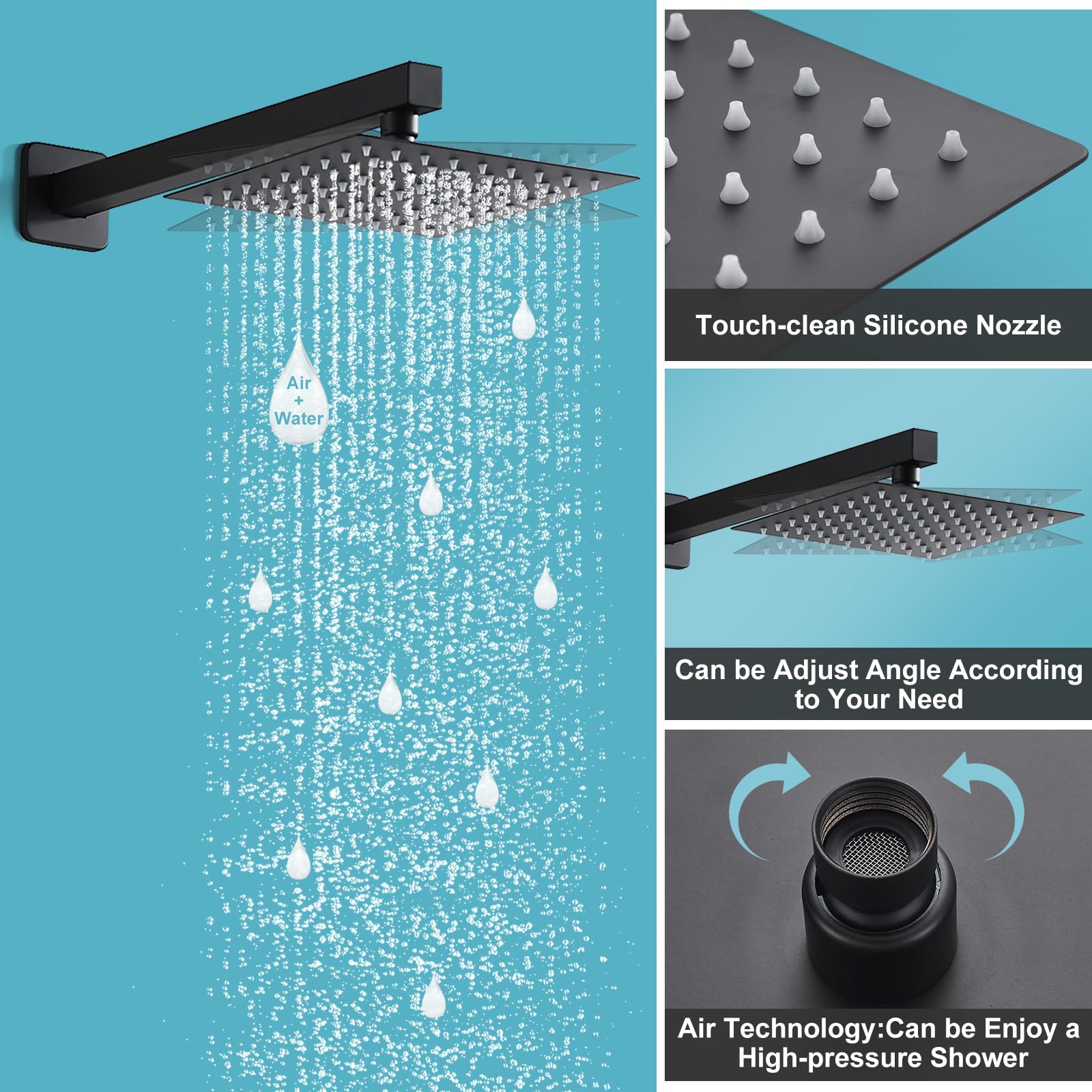RTTWYYUU Matte Black Shower Head and Handle Set 10 Inch, Rain Shower Head with 2 Hooks, Luxury Rain Shower Set Square Wall Mount for Bathroom with Rain Shower and Handheld Shower System