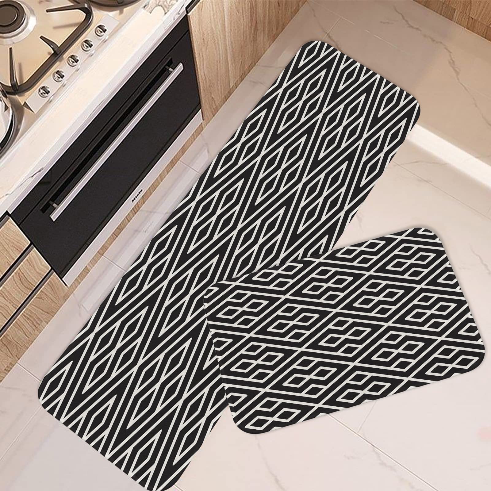 Tayney Black Geometric Kitchen Rugs and Mats Non Skid Washable Set of 2, Grid Diamond Kitchen Runner Rug, Modern Abstract Under Sink Mats for Kitchen Floor Decor