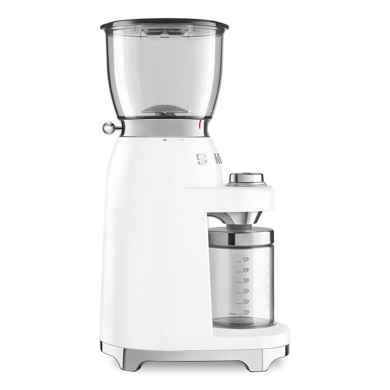 Smeg CGF01WHUK Coffee Grinder, Aluminium Construction, 50's Retro Style, 8 Programme Settings and 3 Grinding Grades, White