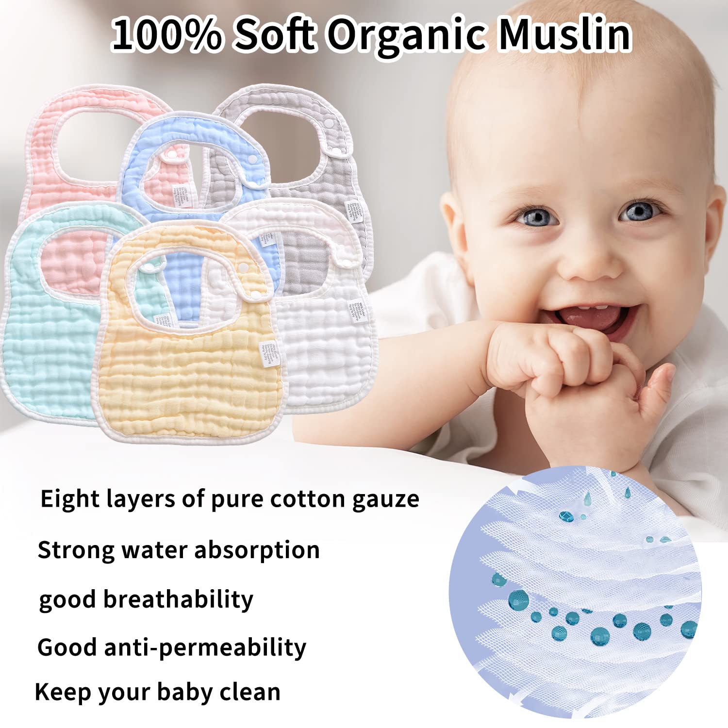 Yaacue Muslin Bibs for Baby Boys Girls Soft Absorbent 8-Layer for 0-36 Months Baby Drooling and Teething