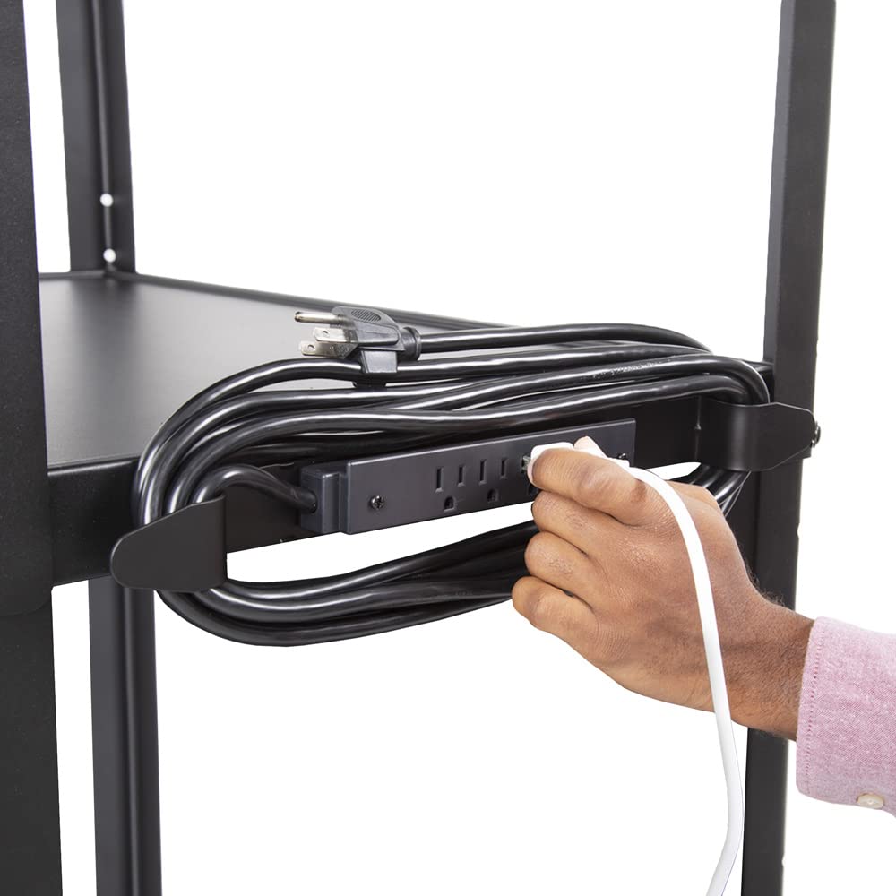 Stand Steady Line Leader AV Cart on Wheels | Height Adjustable Top Shelf & Pullout Keyboard Tray | Includes 15 ft Power Cord with Cord Management | Easy Assembly (42in x 24in x 18in / Black)