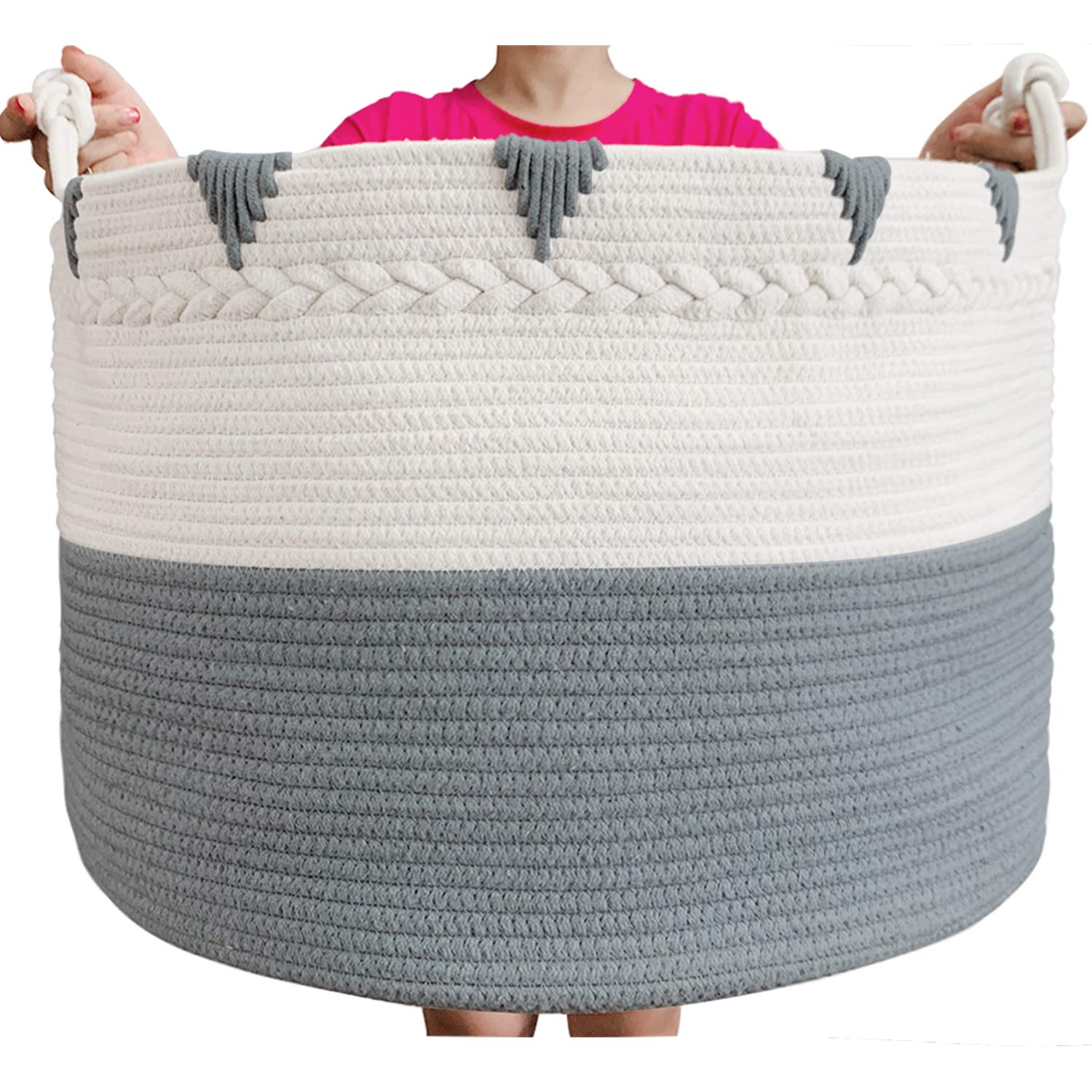 TerriTrophy XXXXLarge Cotton Rope Blanket Basket 22in x 22in x 16in Woven Laundry Hamper Storage Basket for Towel, Toys, Diaper, Laundry Basket