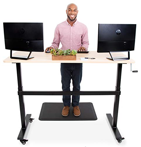 Stand Steady Tranzendesk | 55 Inch Standing Desk with Detachable Wheels | Crank Height Adjustable Sit to Stand Workstation | Modern Ergonomic Desk Supports 3 Monitors (Maple)