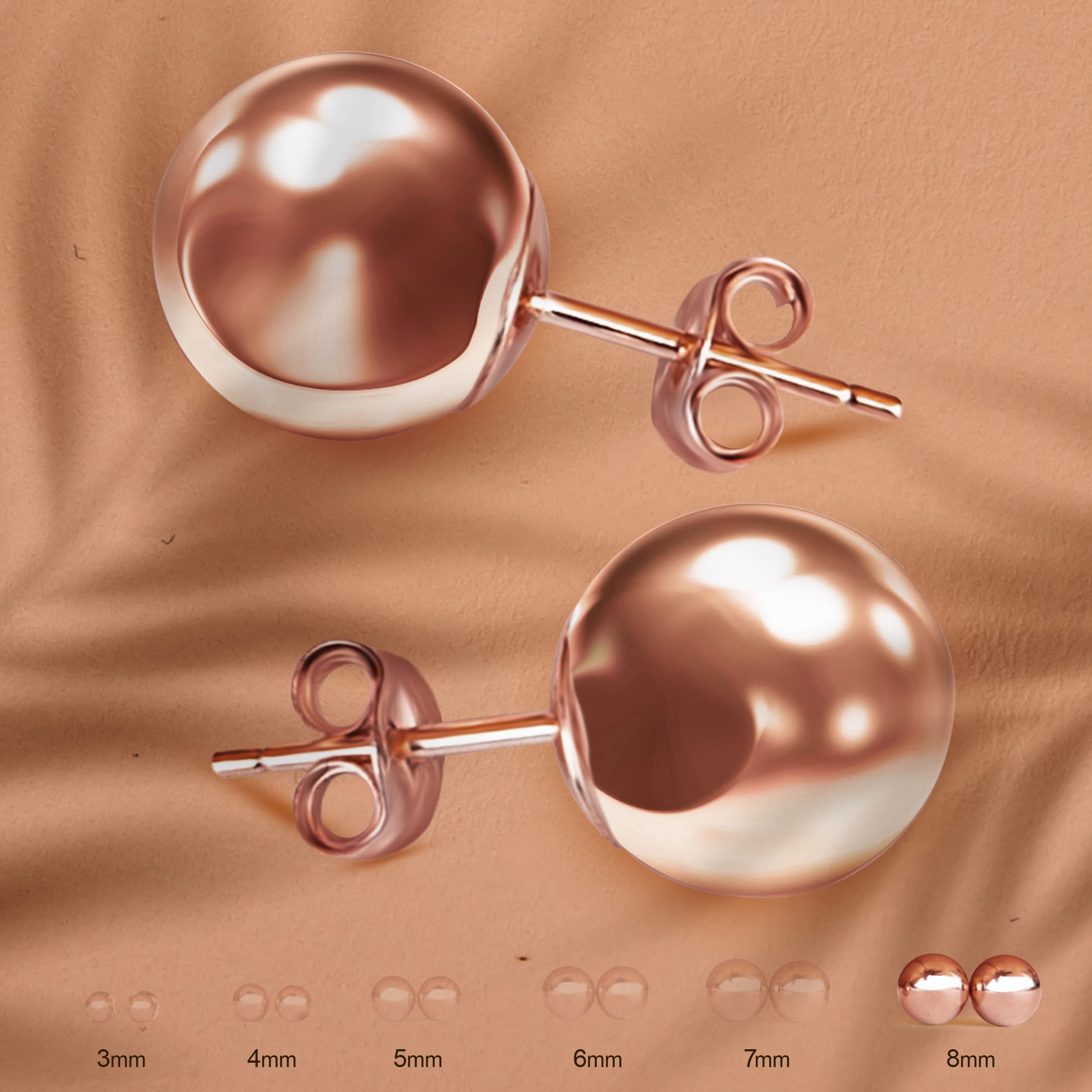 Pori Jewelers Premium 14K Rose Gold 8MM Ball Stud Earrings - Butterfly Backings