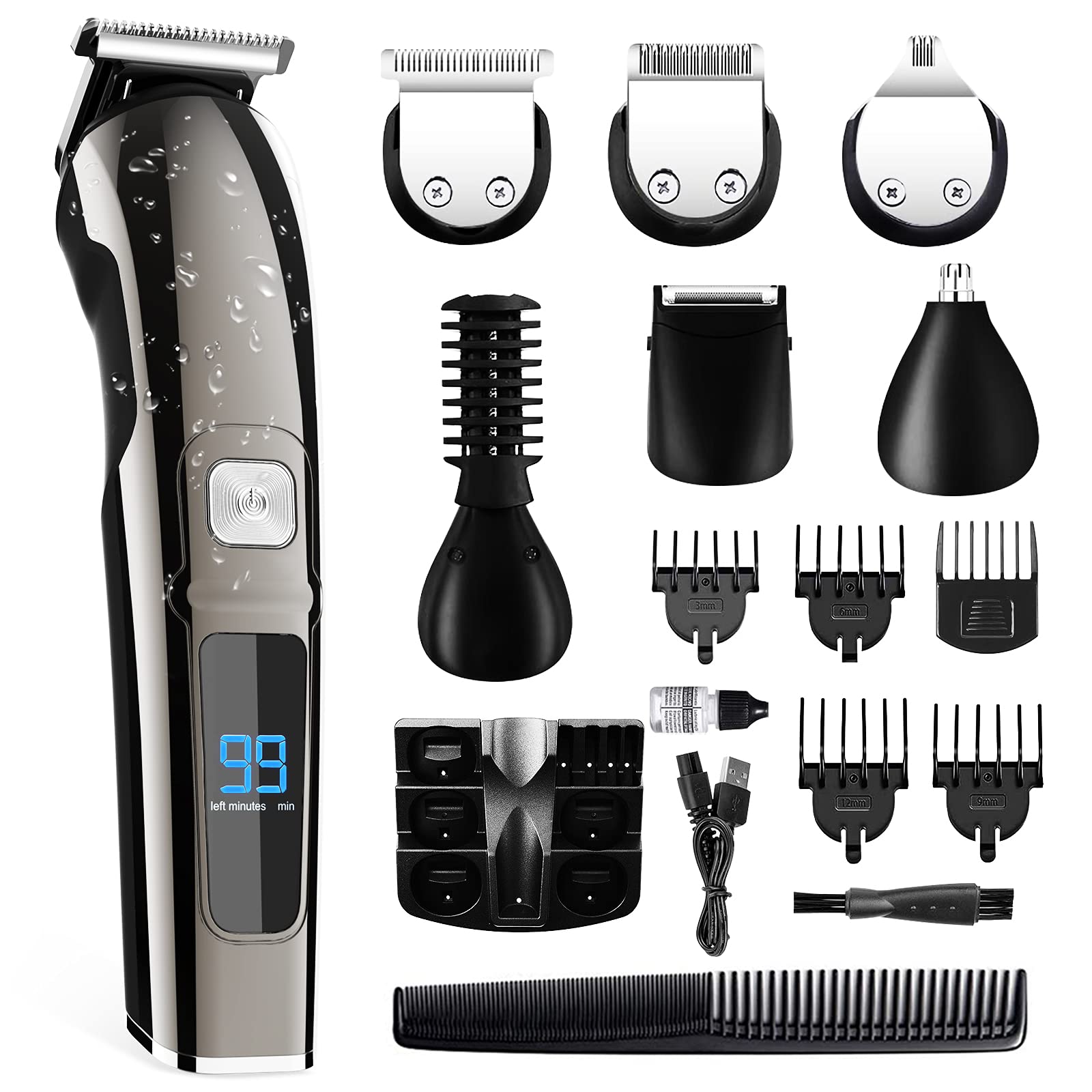 SEGMINISMART Cordless Beard Trimmer for Men - All-in-1 Hair Trimmer with 6 Interchangeable Trimmer Heads and 5 Guard Combs, USB Rechargeable, Waterproof, Ideal Gift