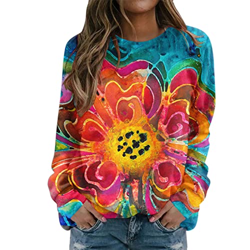 Warm Accessories for Winter Womens Casual Long Sleeve Crewneck Sweatshirt Floral Printed Pullover Tee Shirts Lightweight Casual Loose T-Shirts(C- Orange,Small)
