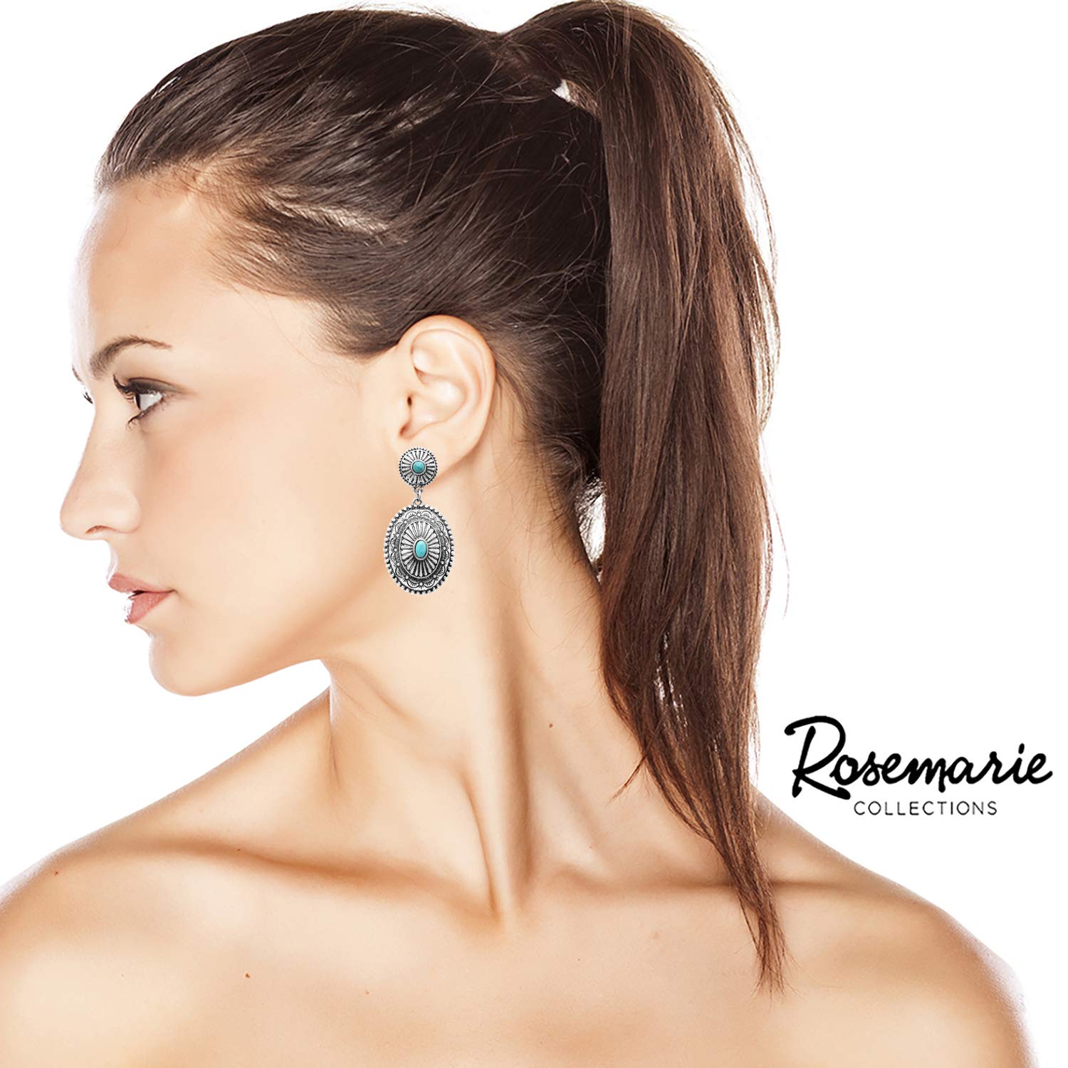 Rosemarie Collections Women's Southwestern Concho Style Turquoise Howlite Stone Drop Statement Post Earrings, 2" (Oval Dangle Concho)