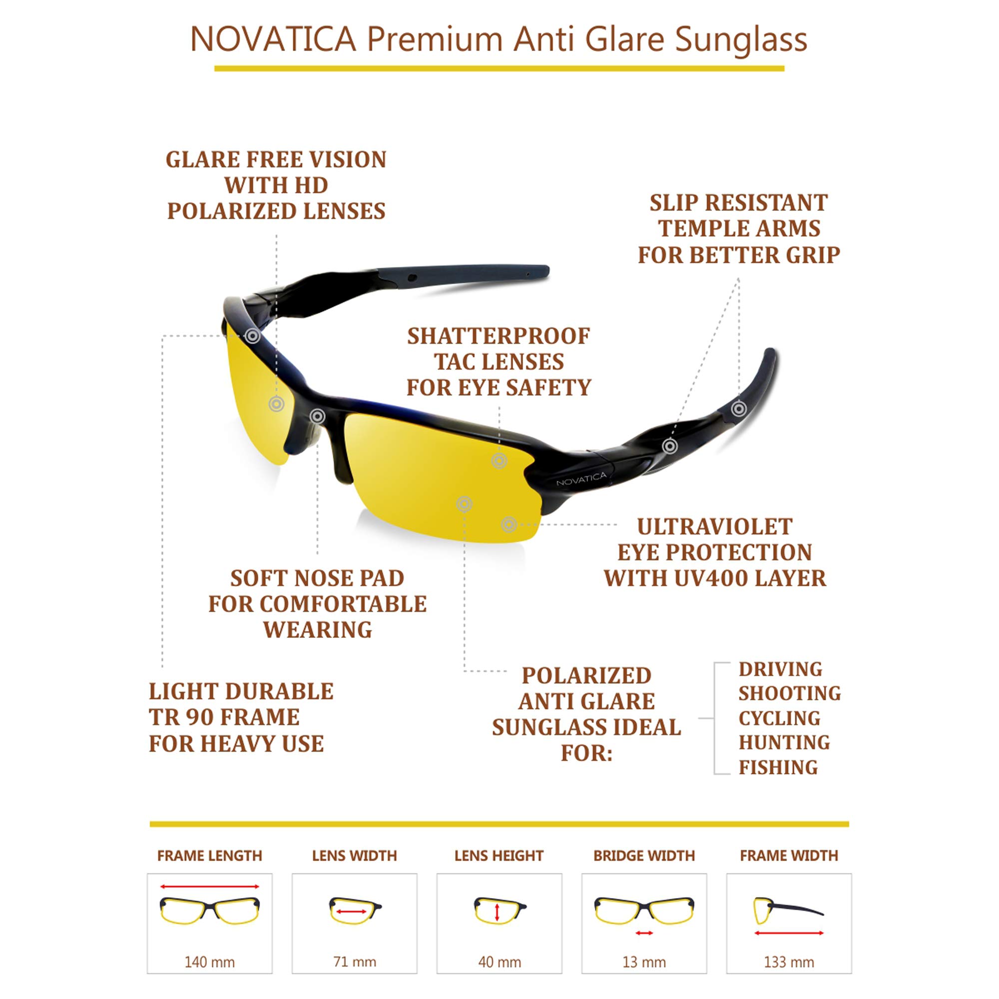NOVATICA Night Driving Semi Polarized TAC Glasses – Yellow Clear Lens - UV Protection - Men & Women with Accessories