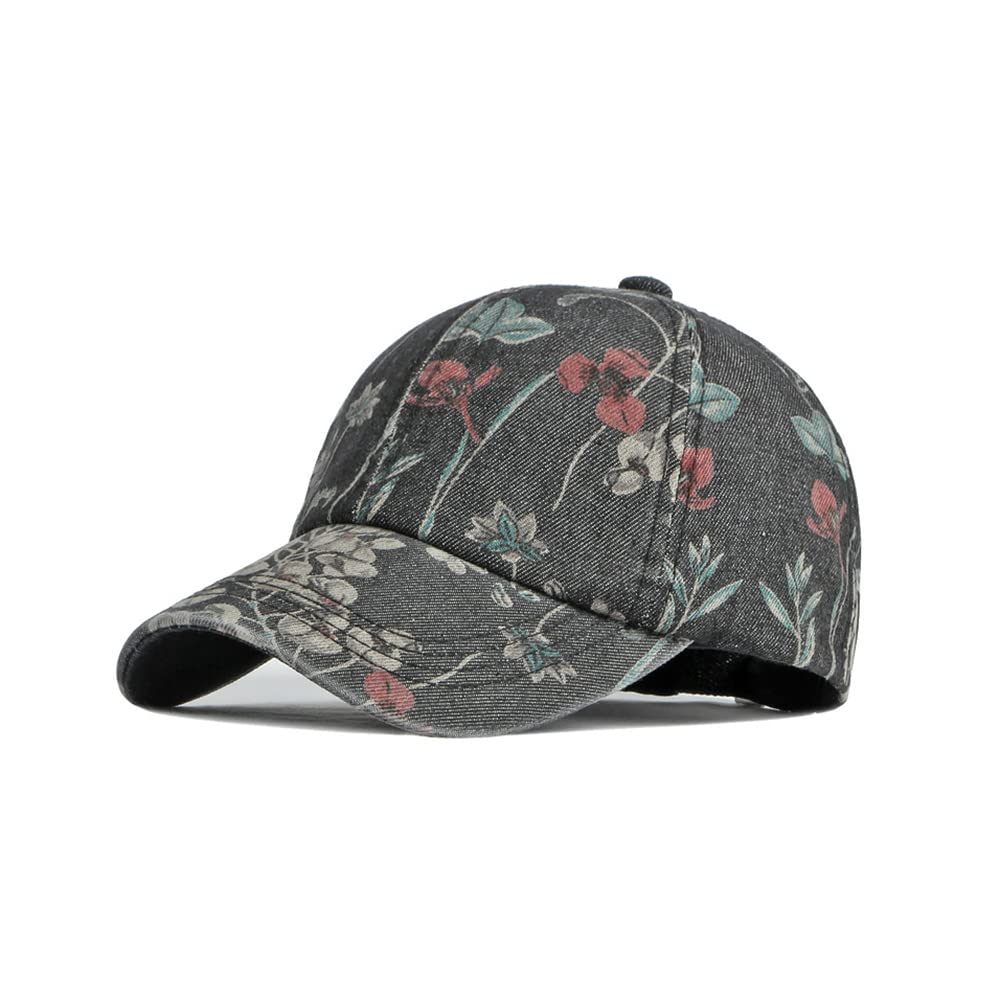 yosuwer Unisex Floral Print Baseball Cap Adjustable Washed Denim Sport Trucker Dad Visor Hat (One Size, Black)