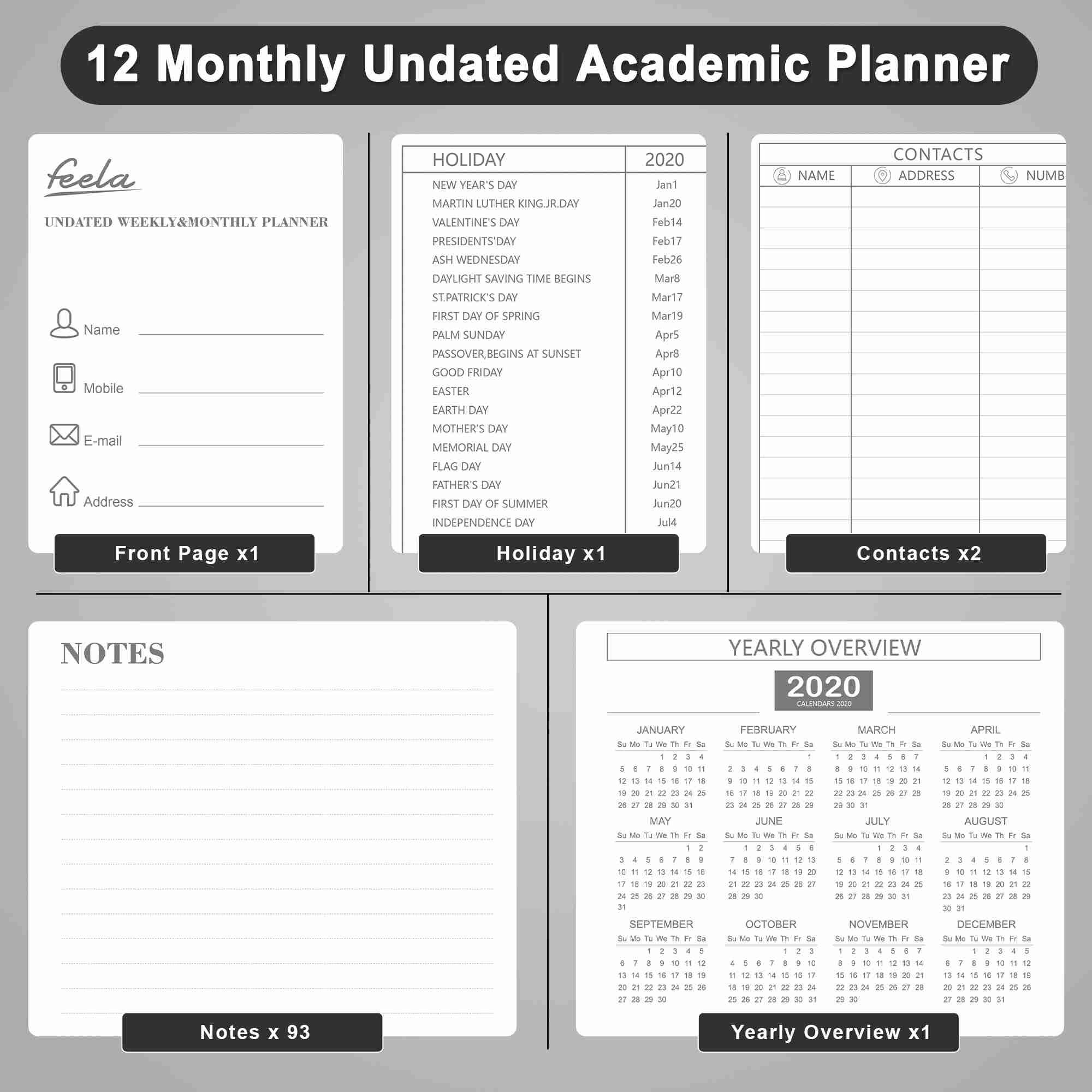 Undated Planner, 2024 Monthly & Weekly Academic Planner Kit, Feela A5 Daily Student Notebook, School Supplies with Highlighters, Note Stickers, Fineliner Pens, Lasts 1 Year, Gray